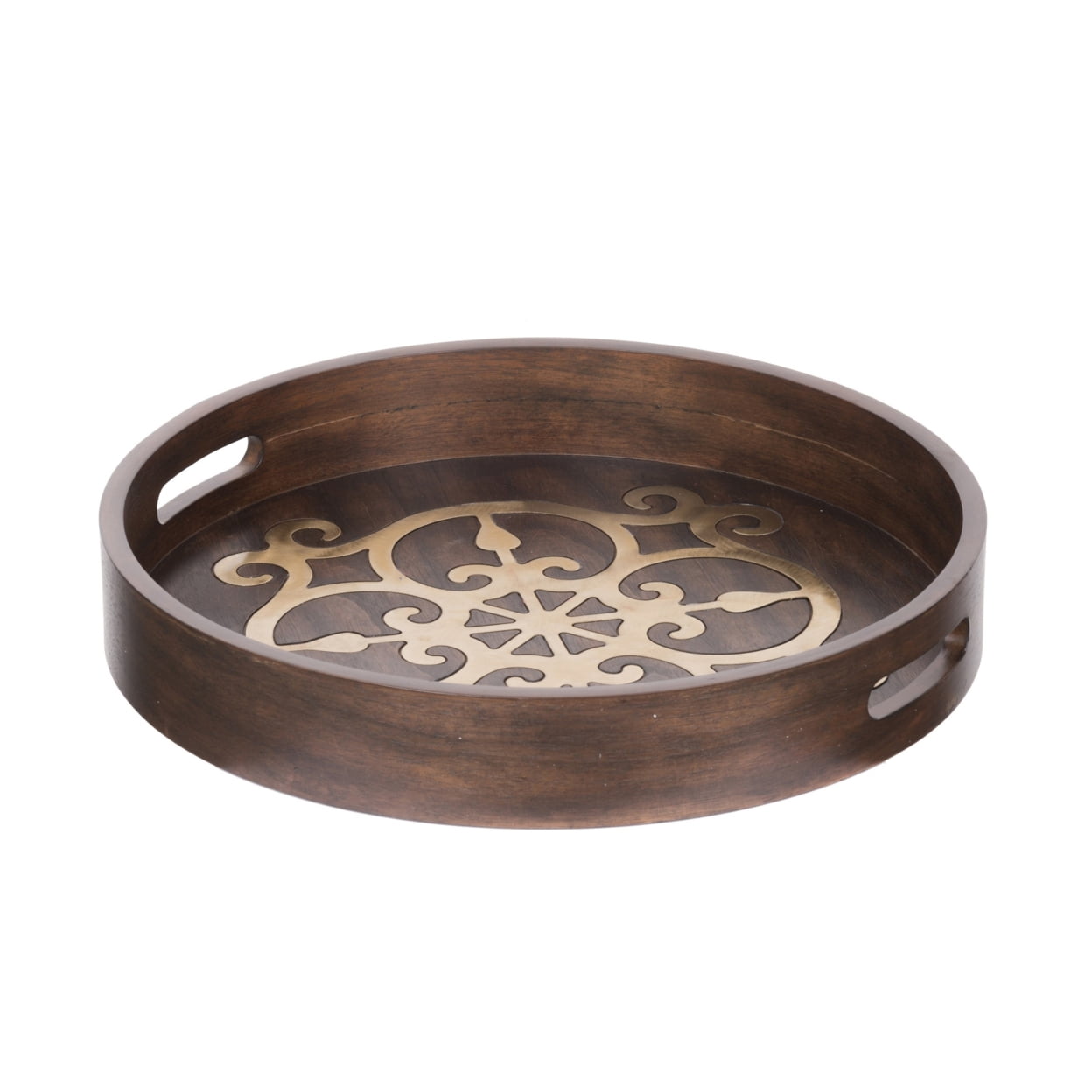 18 Inch Round Decorative Tray, Brass Inlaid Design and Brown Wood Frame ...