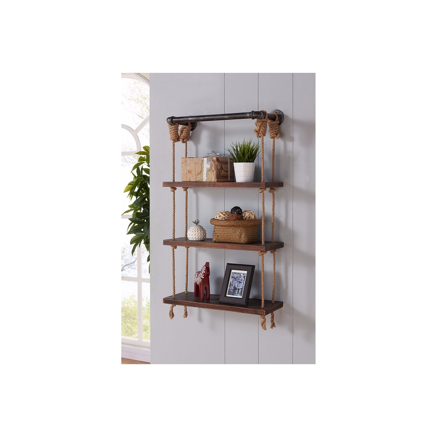 3 Tier Ladder Style Rope Hanging Wall Shelf with Metal Pipe Frame ...