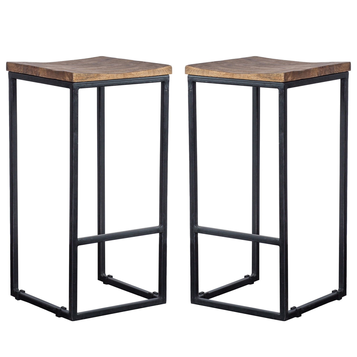 BenJara 30 Inch Iron Frame Barstool with Mango Wood Saddle Seat, Set of ...