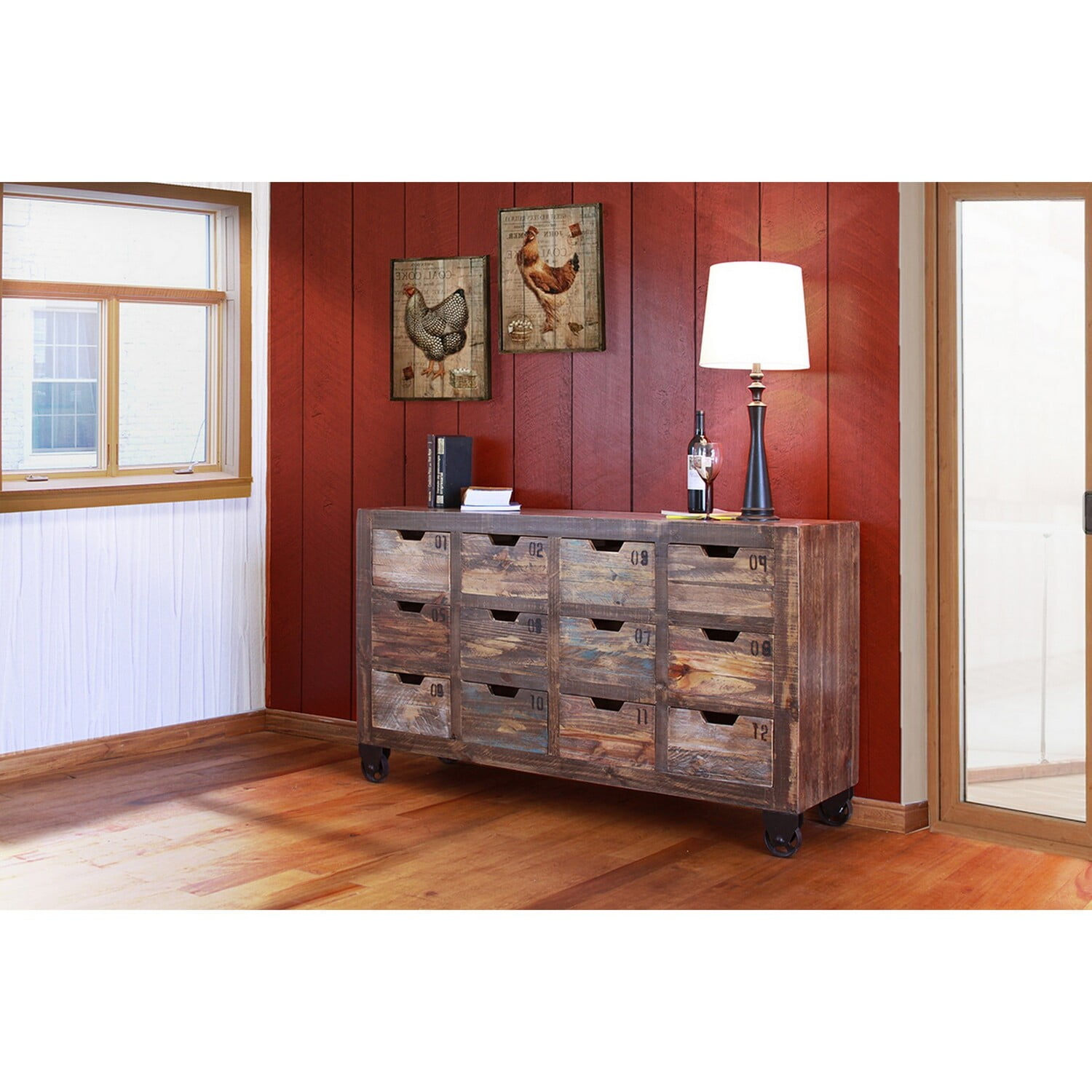 61 Inch 12 Drawer Console Table with Wheels, Multicolor Distress Pine ...