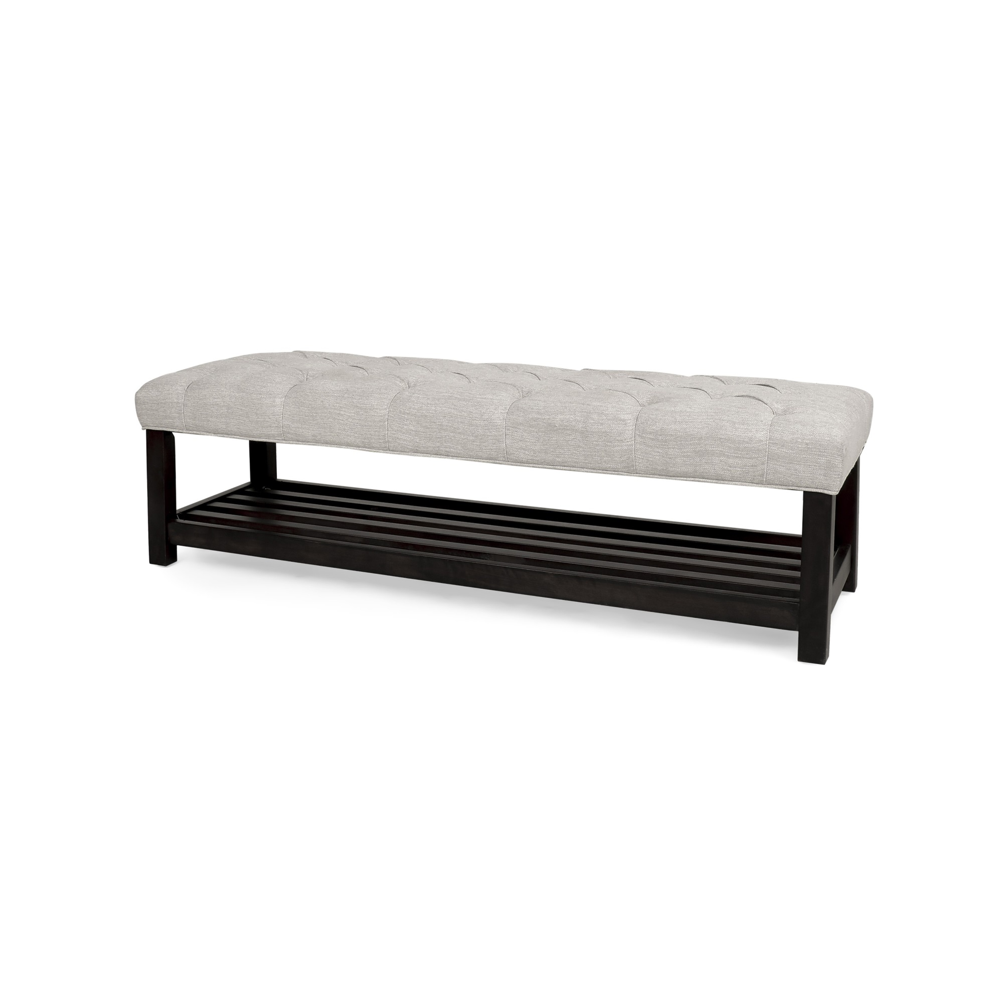 Accent Bench, 60 Inch Rectangular w Shelf, Beige Fabric, Brown Wood ...