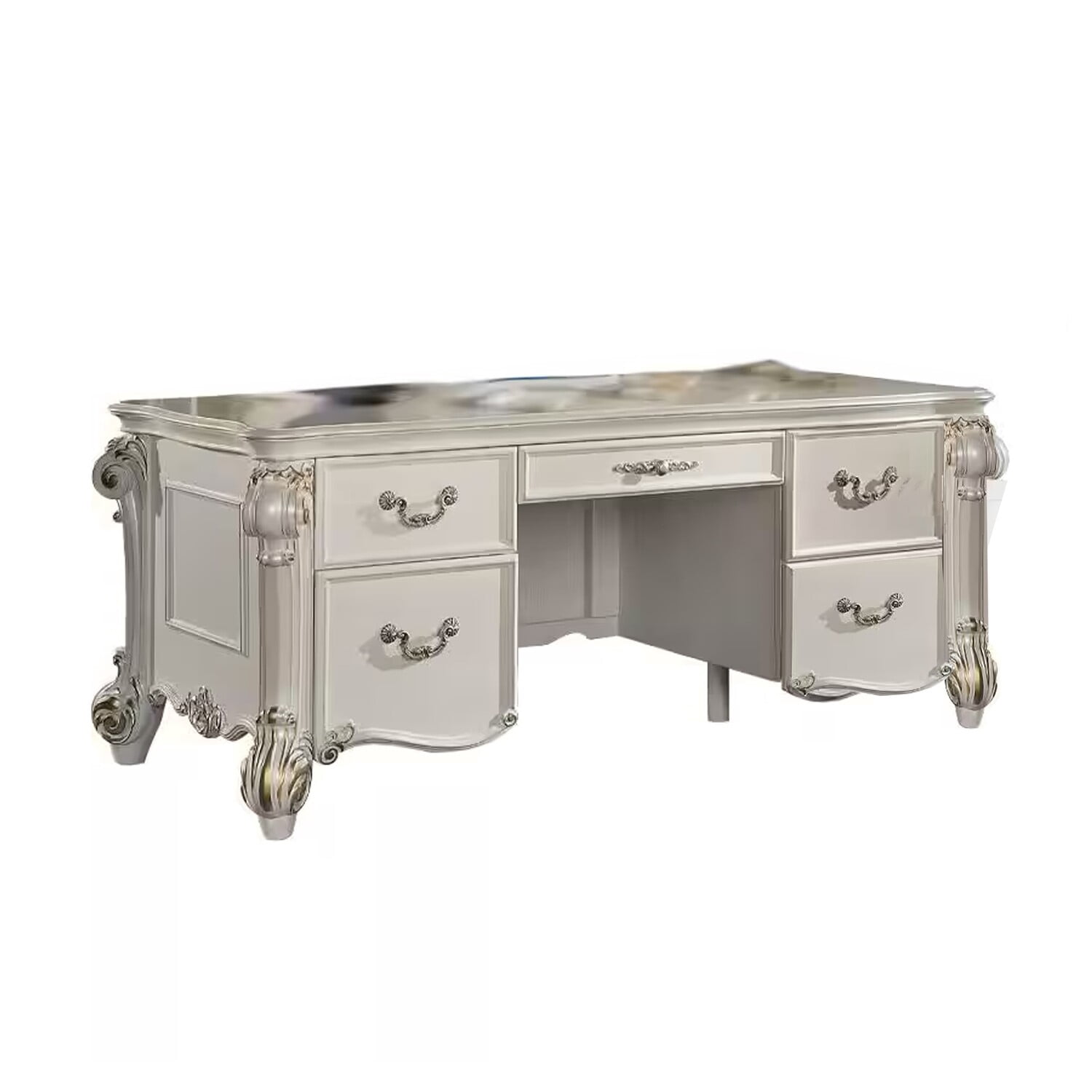 Antoine Home Office Desk, 5 Drawer, Pearl White Wood Gold, 74 Inch ...