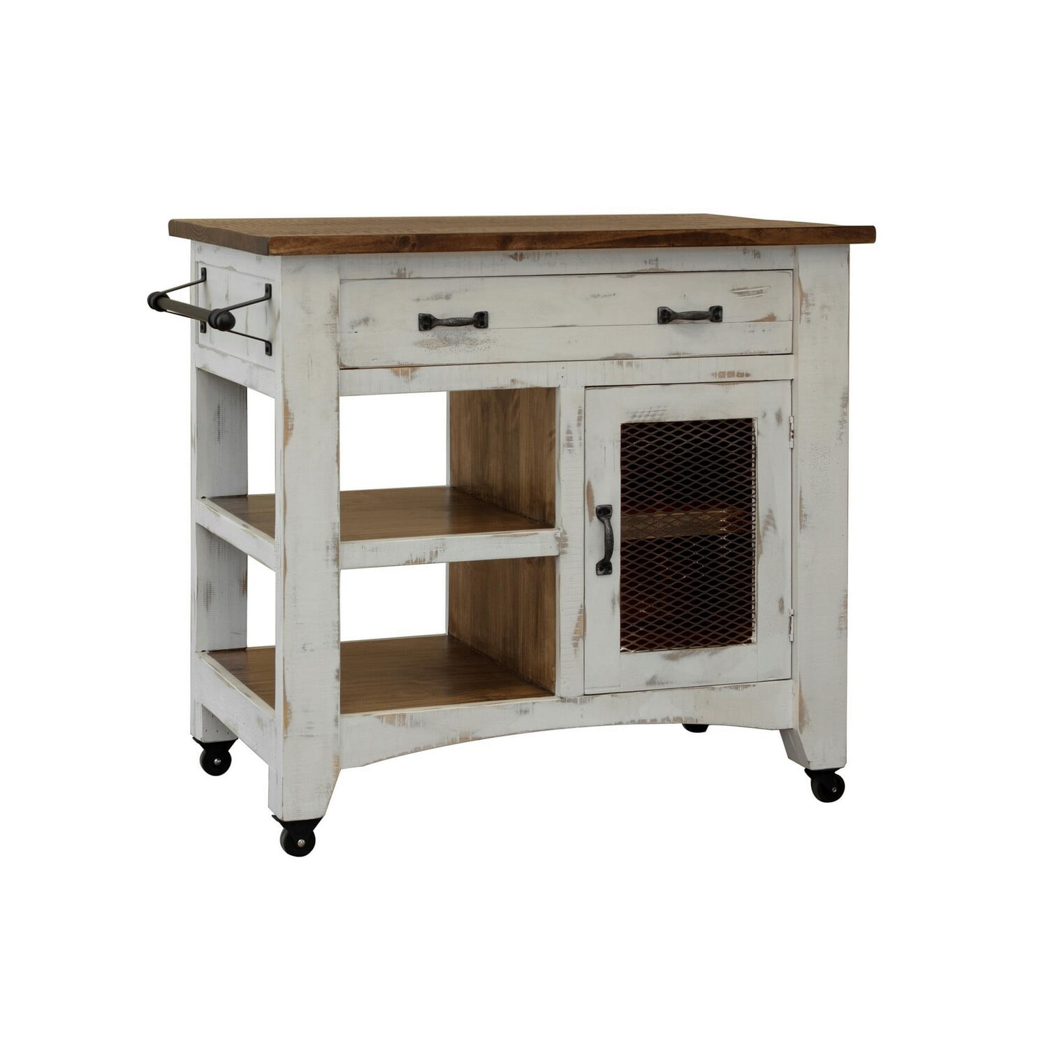 Ata 39 Inch Kitchen Island with Drawer and Mesh Door, Pine Wood, White ...