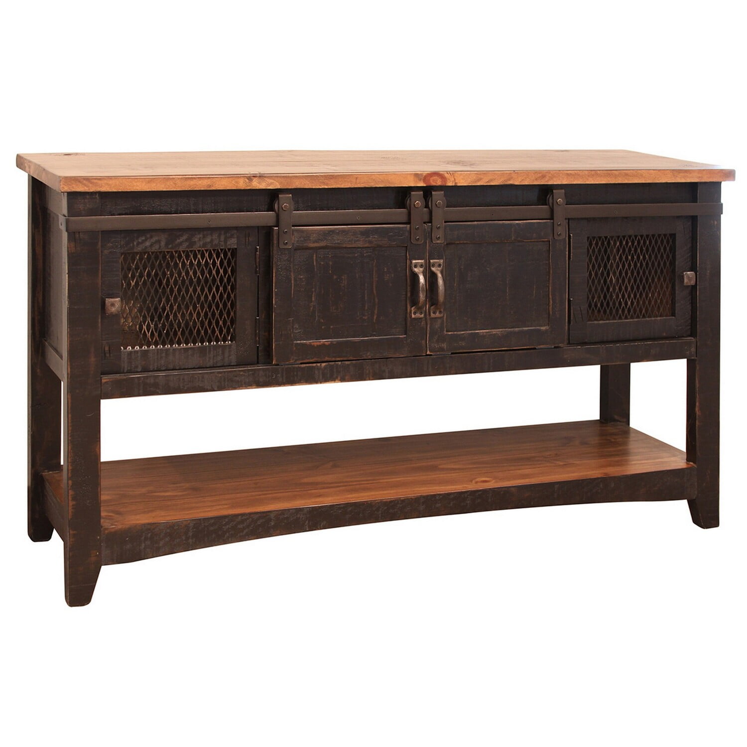 BenJara Ata 55 Inch Sofa Table with Sliding and Mesh Doors, Solid Pine ...