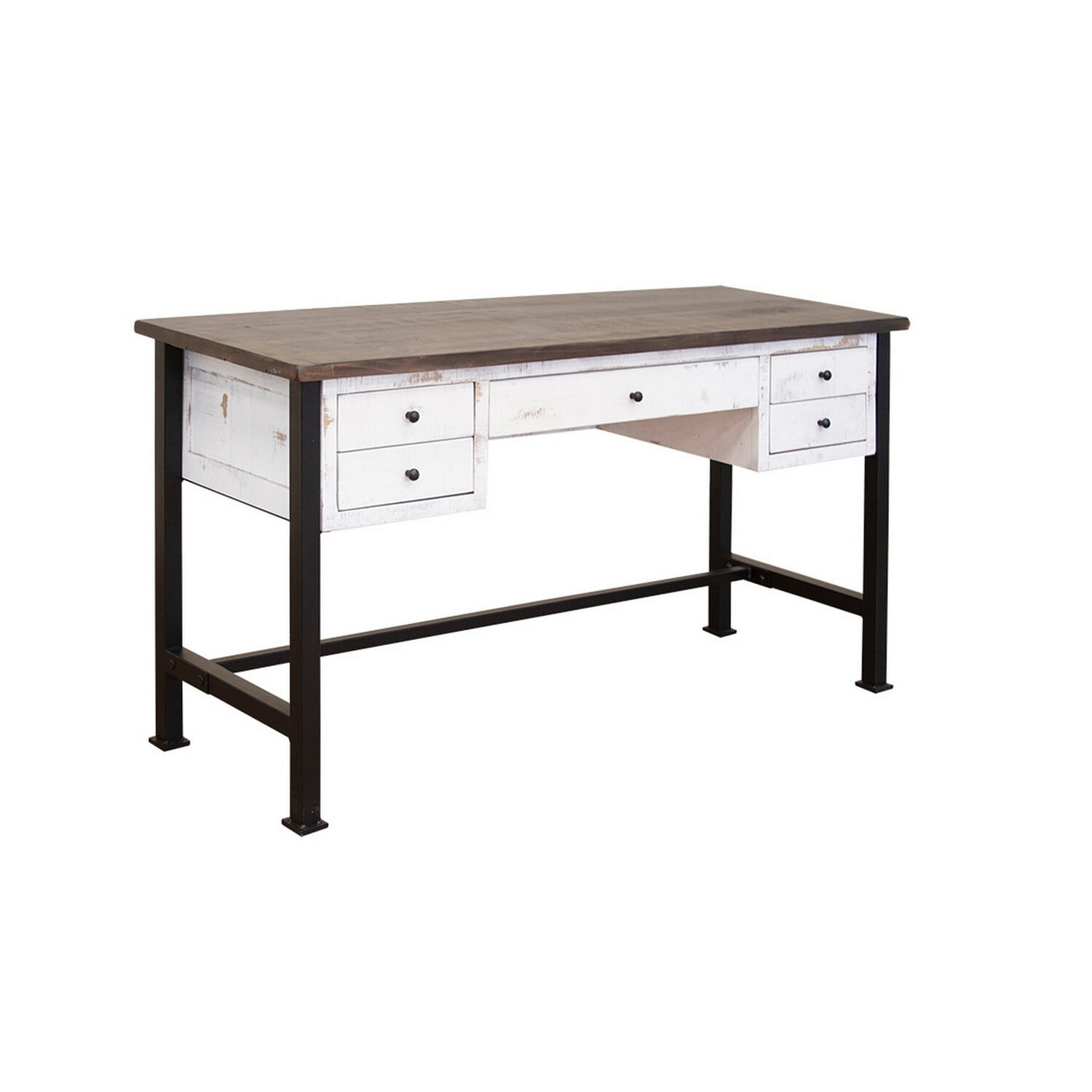 BenJara Ata 61 Inch Classic Desk with 5 Drawers, Solid Pine Wood, White ...