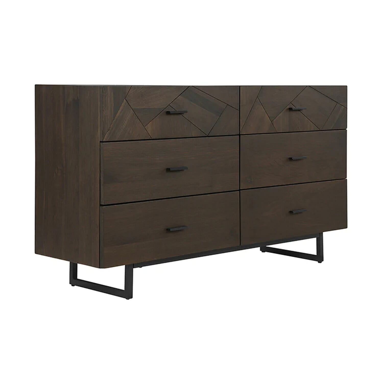 BenJara Bev 60 Inch Dresser with 6 Drawers, Black Metal, Dark Brown Oak ...