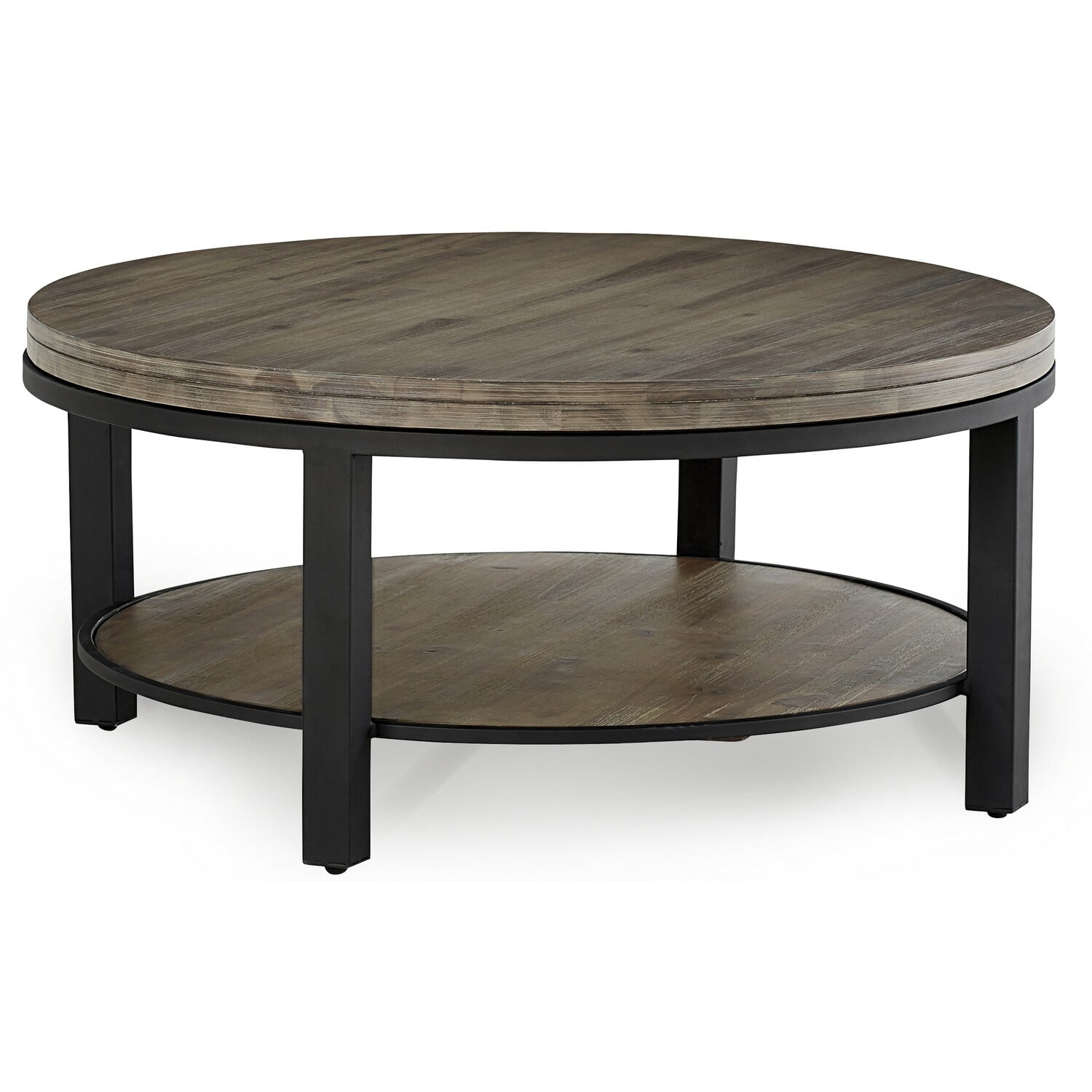 BenJara Cyon 40 Inch Round Coffee Table, Black Metal Frame, Gray Wood ...