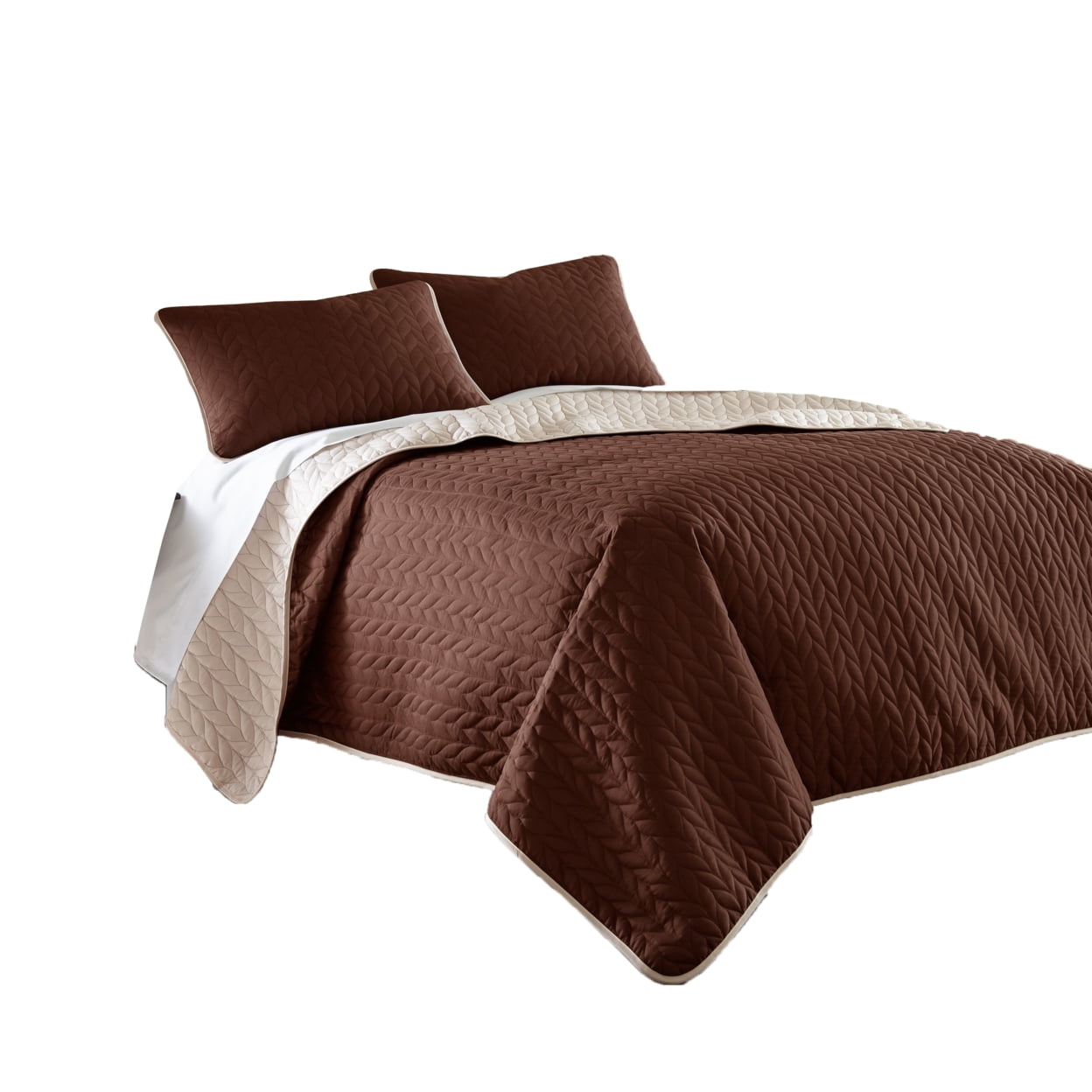 Eva 3 Piece King Microfiber Reversible Coverlet Set, Quilted, Brown ...
