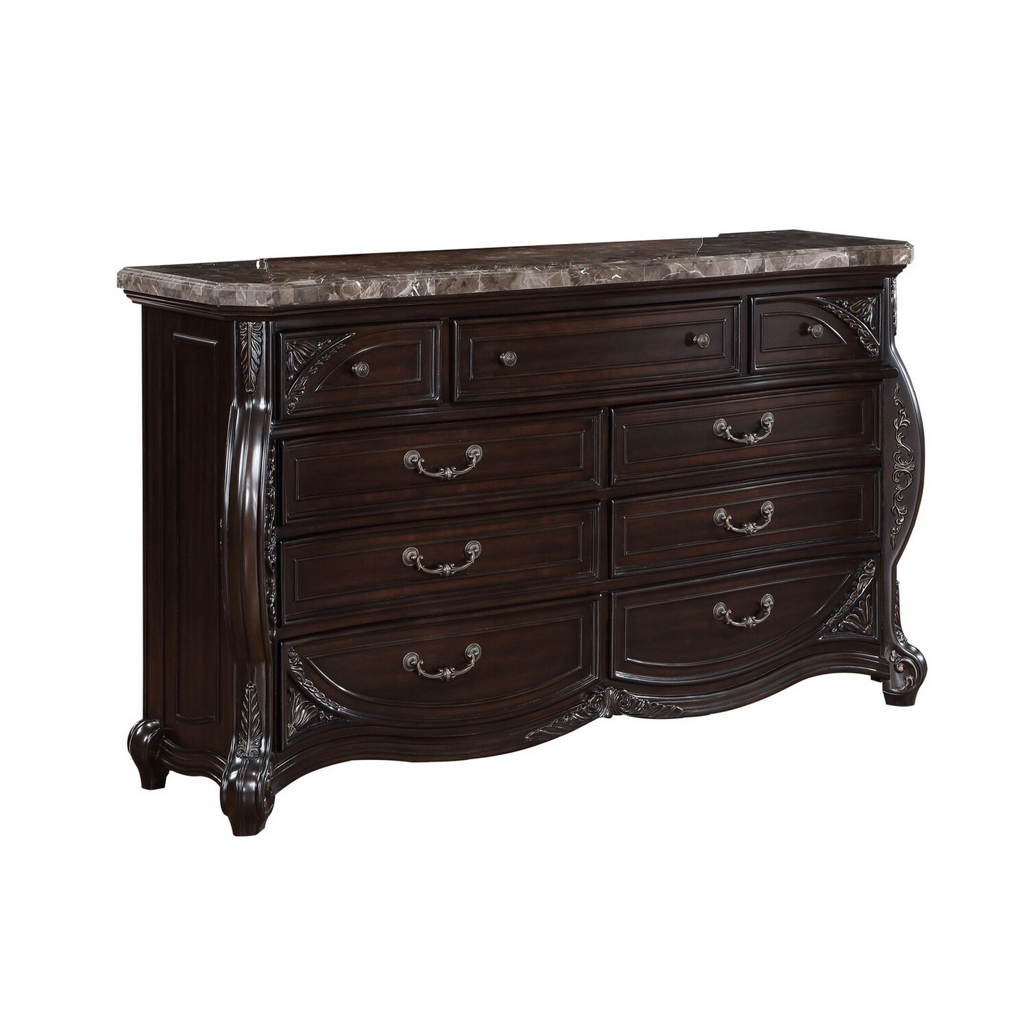 BenJara Faya 68 Inch Wide Dresser, 9 Drawers, Marble Top, Carved Walnut ...