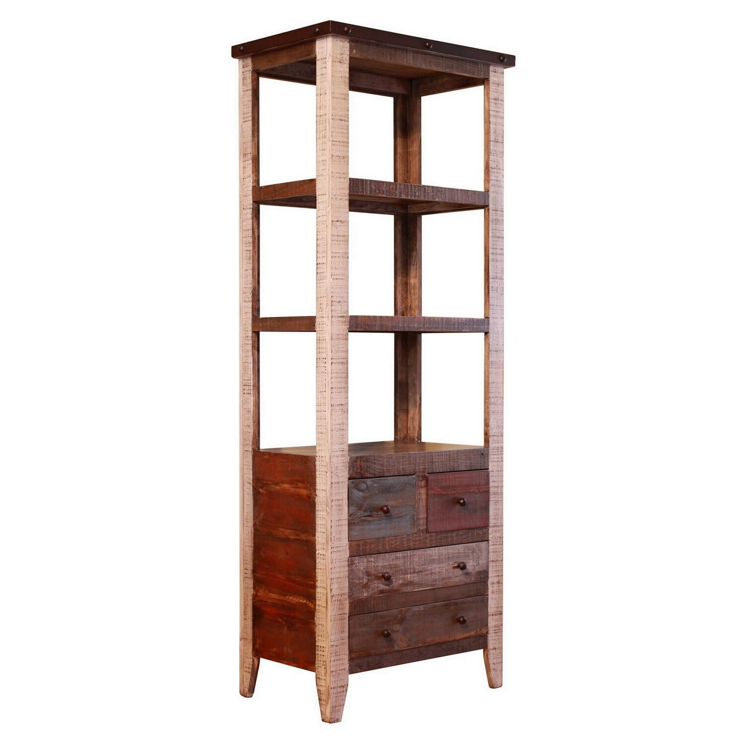 Fena 72 Inch 4 Drawer Pier Bookcase, 3 Shelves, Multicolor Solid Pine ...