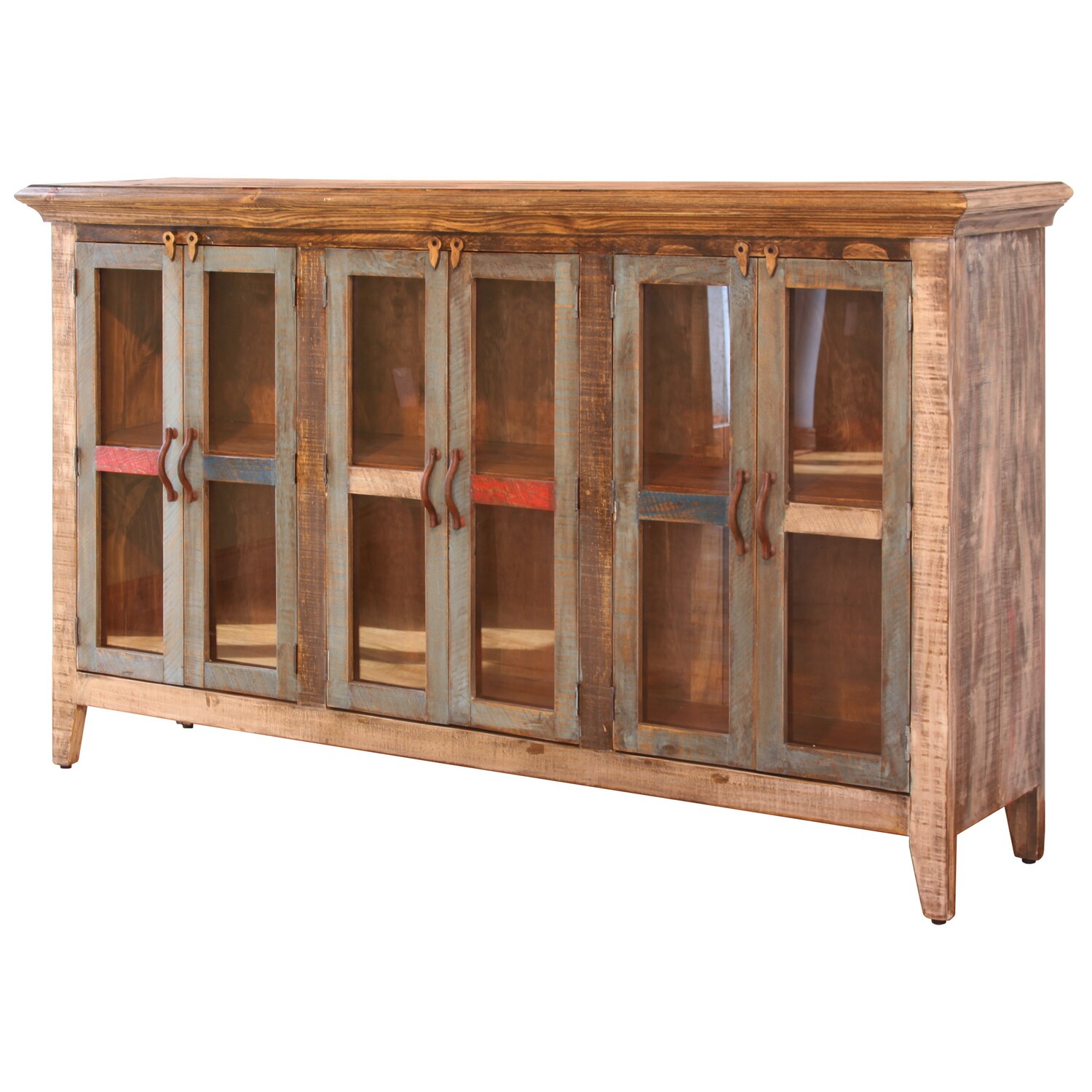 Fena 73 Inch Console Table, 6 Glass Doors, Multicolor Pine Wood ...