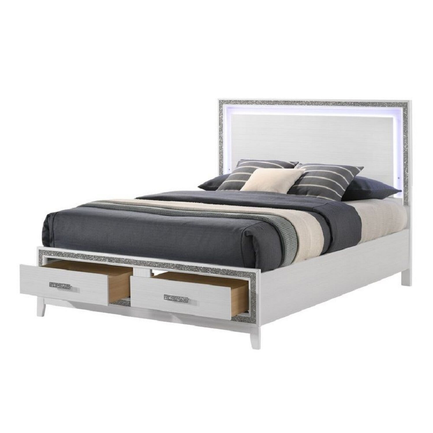 BenJara Full Size Bed, Panel Headboard, 2 Storage Drawers, White with ...