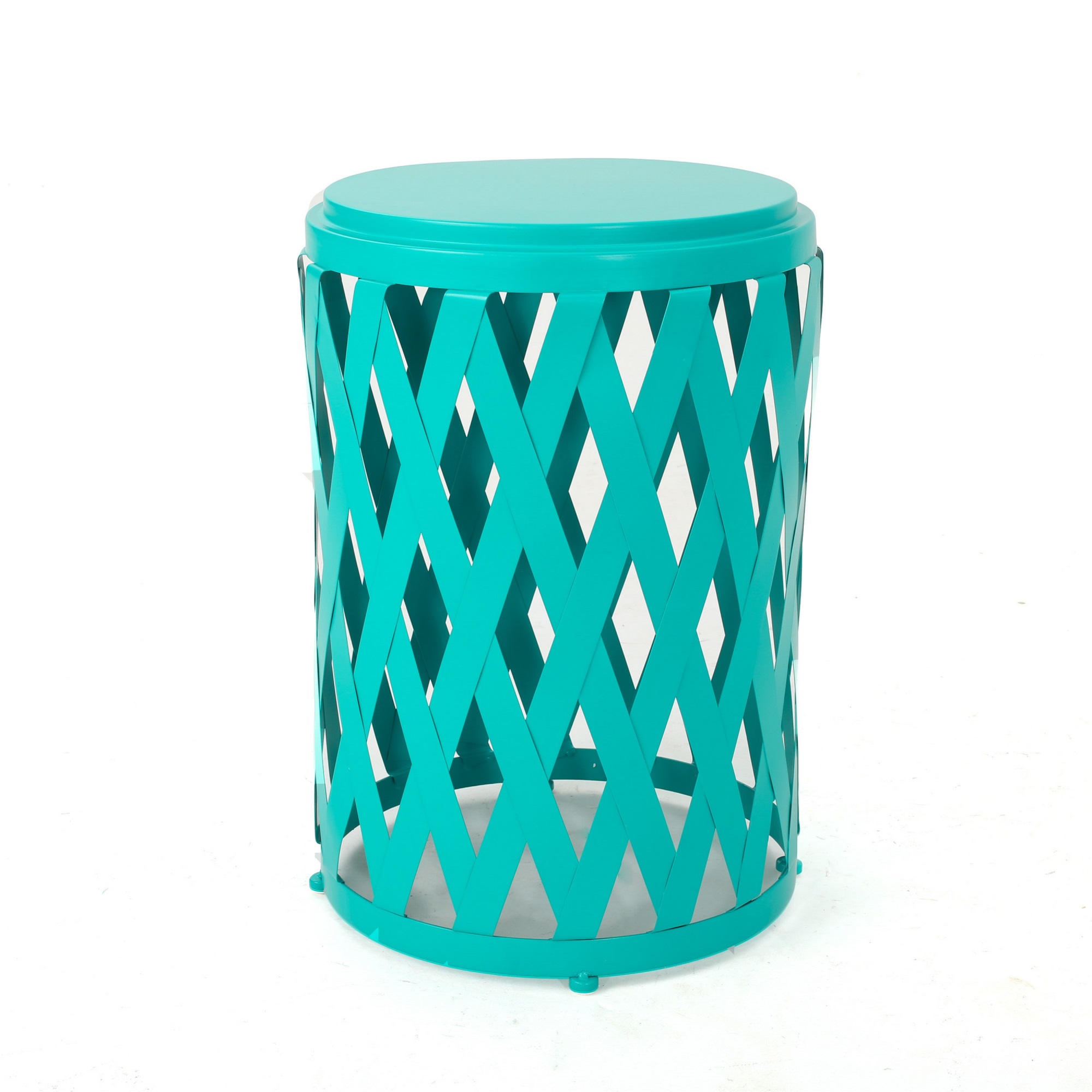 Geki Outdoor Side End Table, 15 Inch Round, Teal Green Lattice Design ...