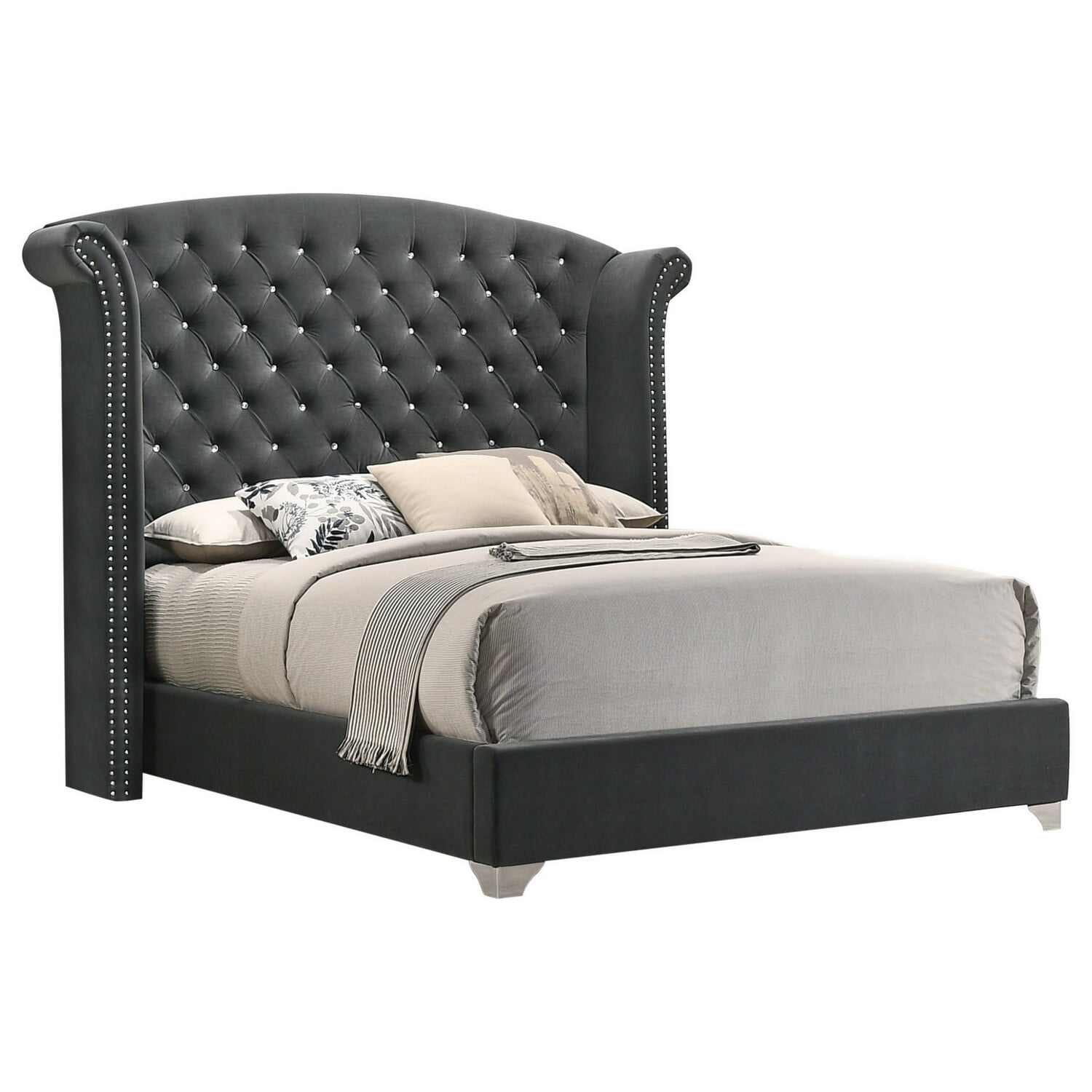 Benjara Giya Wingback Queen Bed, Tufted Headboard, Nailed Gray Velvet ...