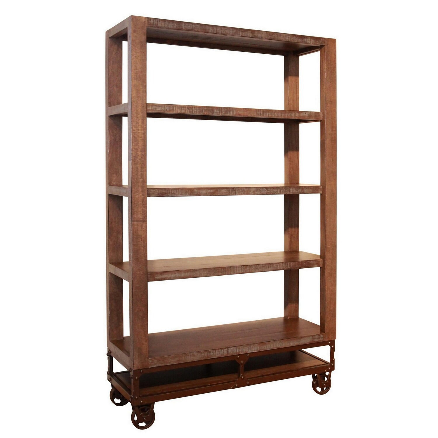 Itzy 70 Inch Bookcase with Caster Wheels, 4 Shelves, Brown Pine, Mango ...