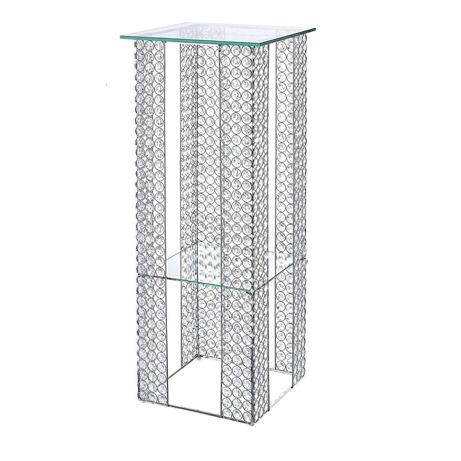 Lia 30 Inch Crystal Accent Table, Square Glass Surface, Silver Metal ...