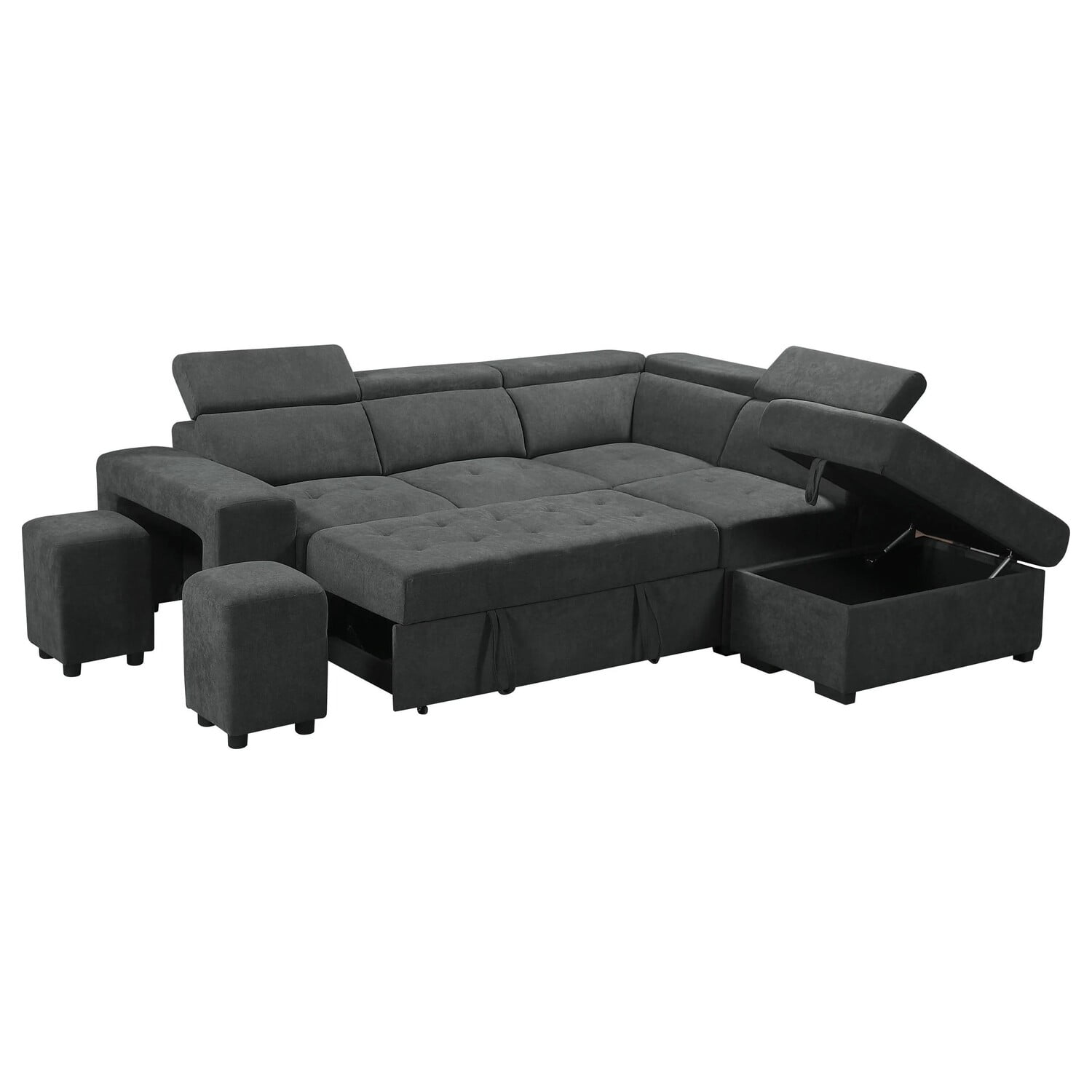 Benjara Mack 97 Inch Sleeper Sectional Sofa, Storage Ottoman and Stools ...