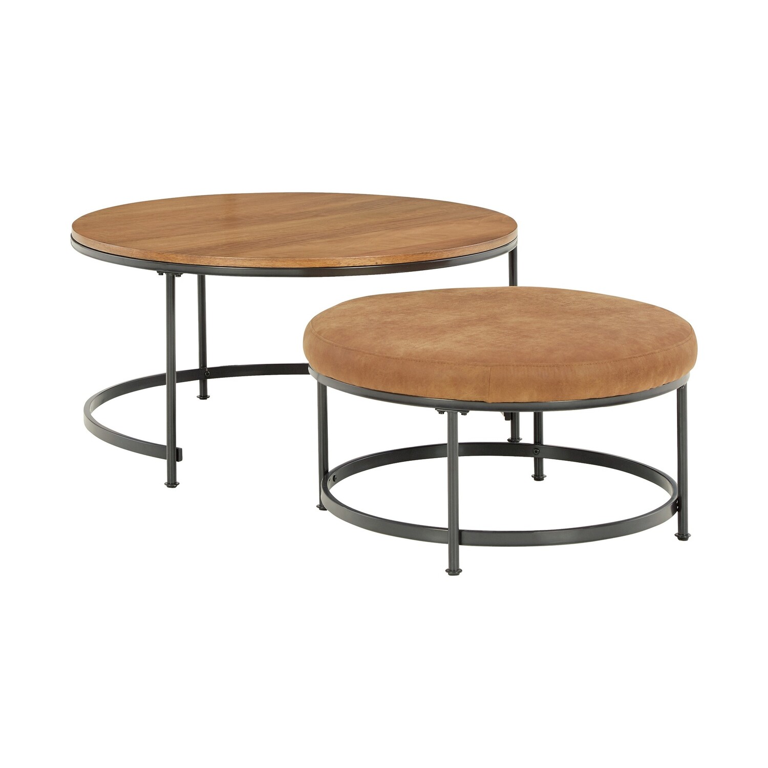 Modern 2 Piece Nesting Coffee Table And Ottoman Set, Mango Wood, Brown ...