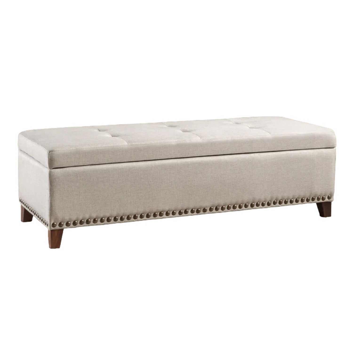 Benjara Nancy Storage Ottoman Bench, 51 Inch Beige Fabric, Brass ...