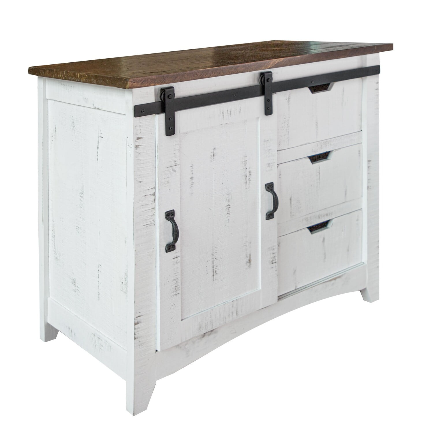 Nino 37 Inch Chest, Pine Wood, 3 Drawers, Barn Door, Brown and White ...