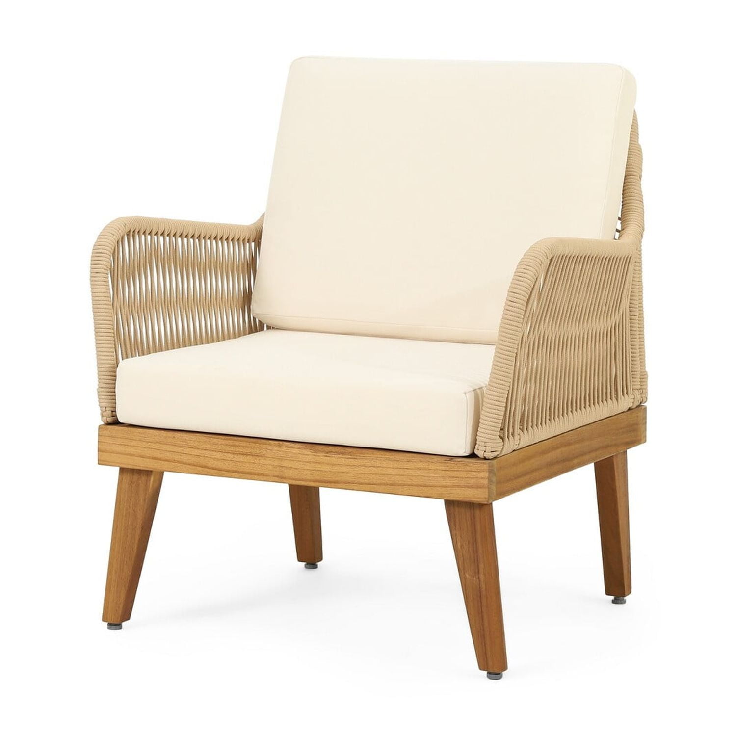 Benjara Oud Accent Club Chair, Ivory Cushions, Rope Weaving, Brown Acacia Wood - Walmart.com