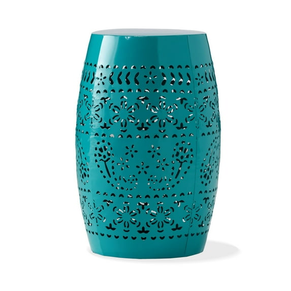 Benjara Outdoor Garden Stool Side Table, Lace-Cut 12 Inch Top, Teal ...