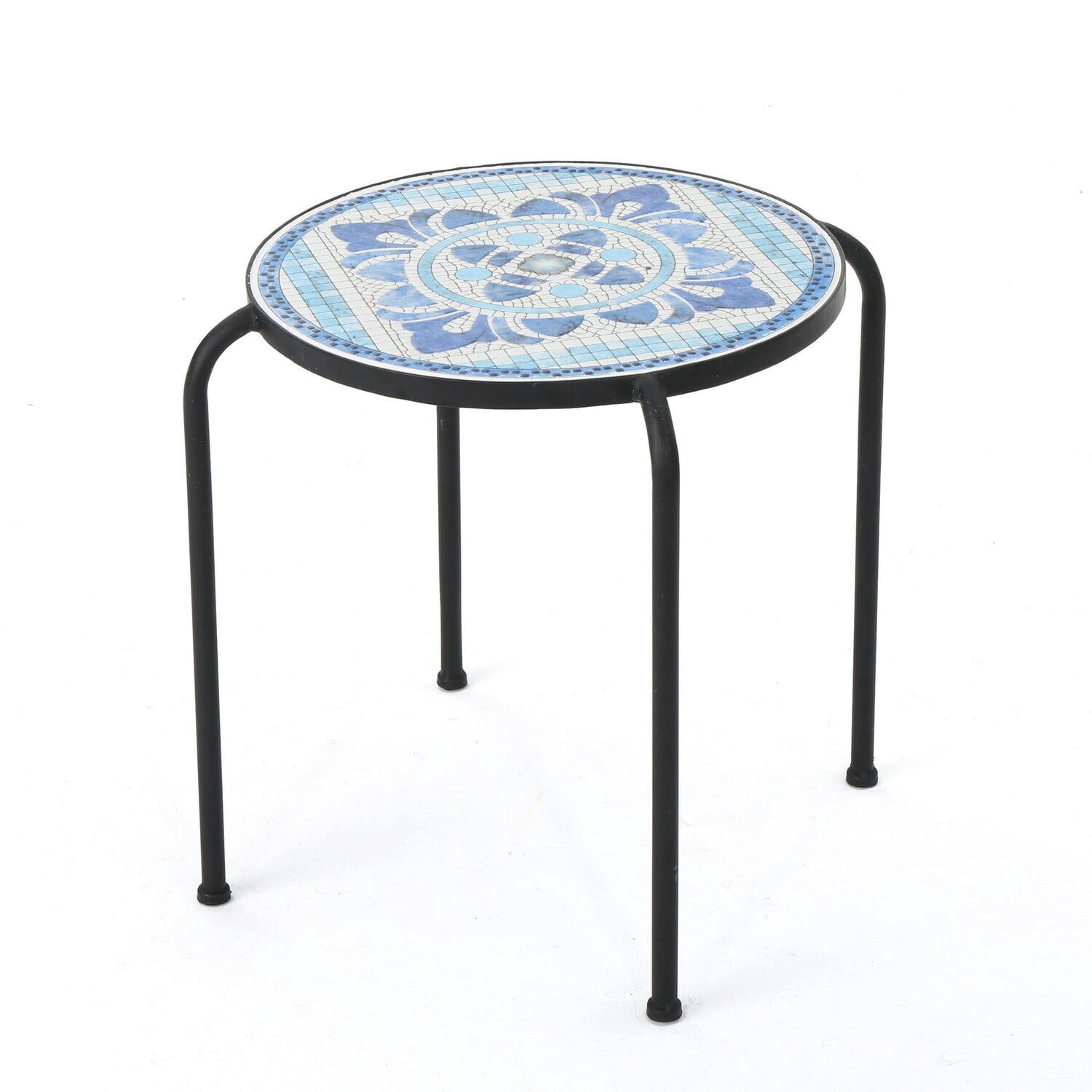 Benjara Rema Patio Side End Table, 15 Inch Mosaic Medallion Blue White ...