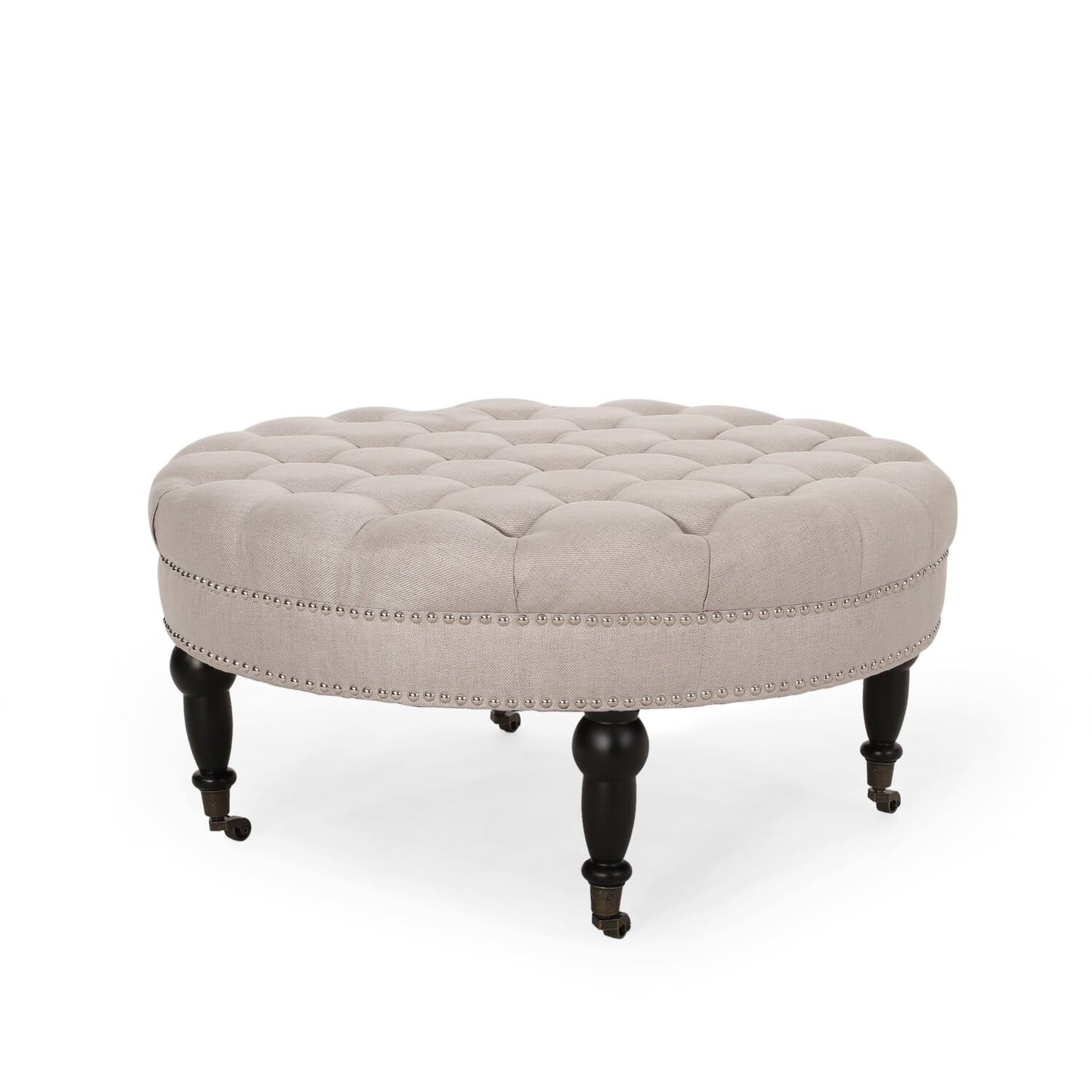 Benjara Romani Ottoman, 35 Inch Round Tufted Beige, Nailhead Trim and ...