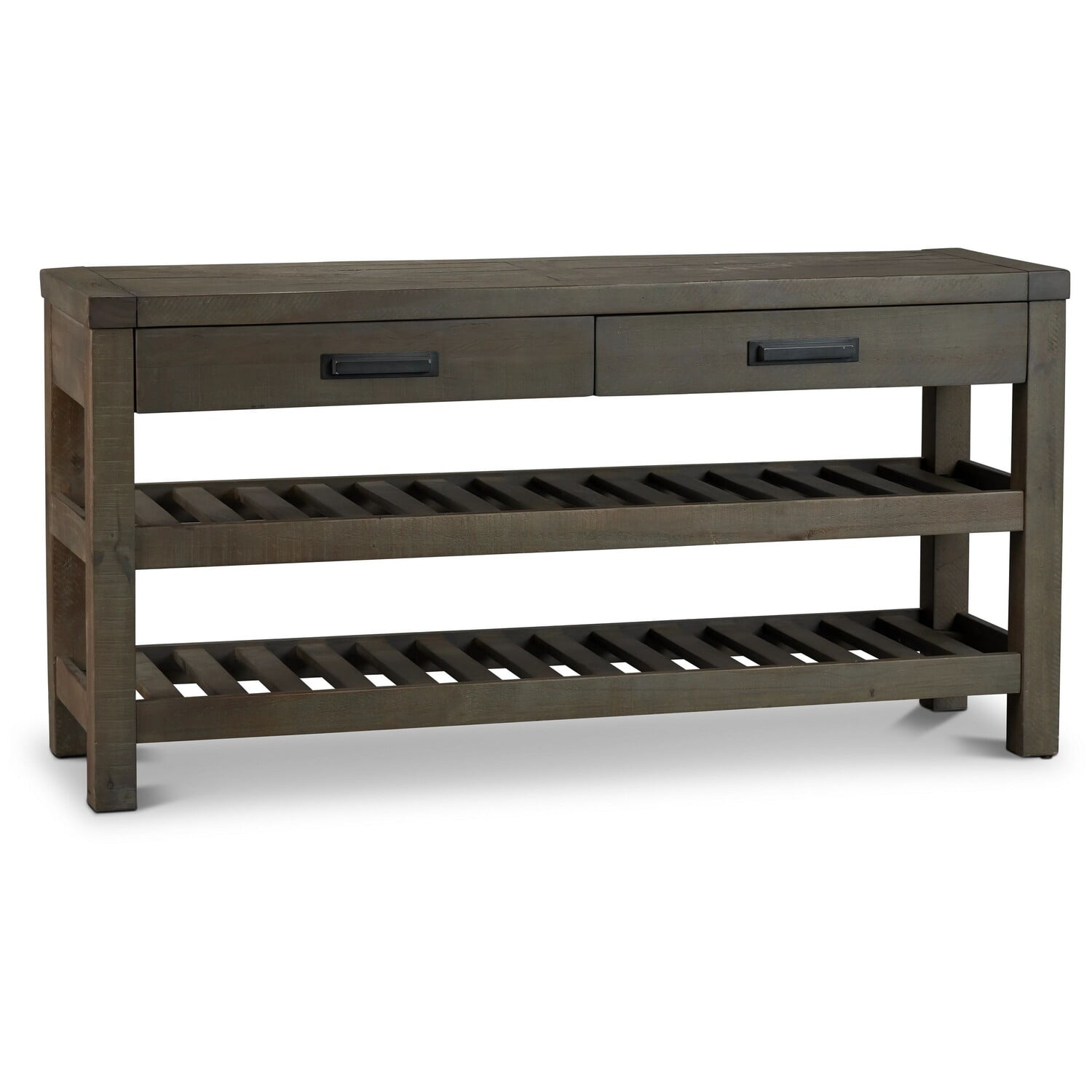 Tarn 60 Inch Console Table, 2 Drawers, 2 Open Shelves, Rustic Gray Wood ...
