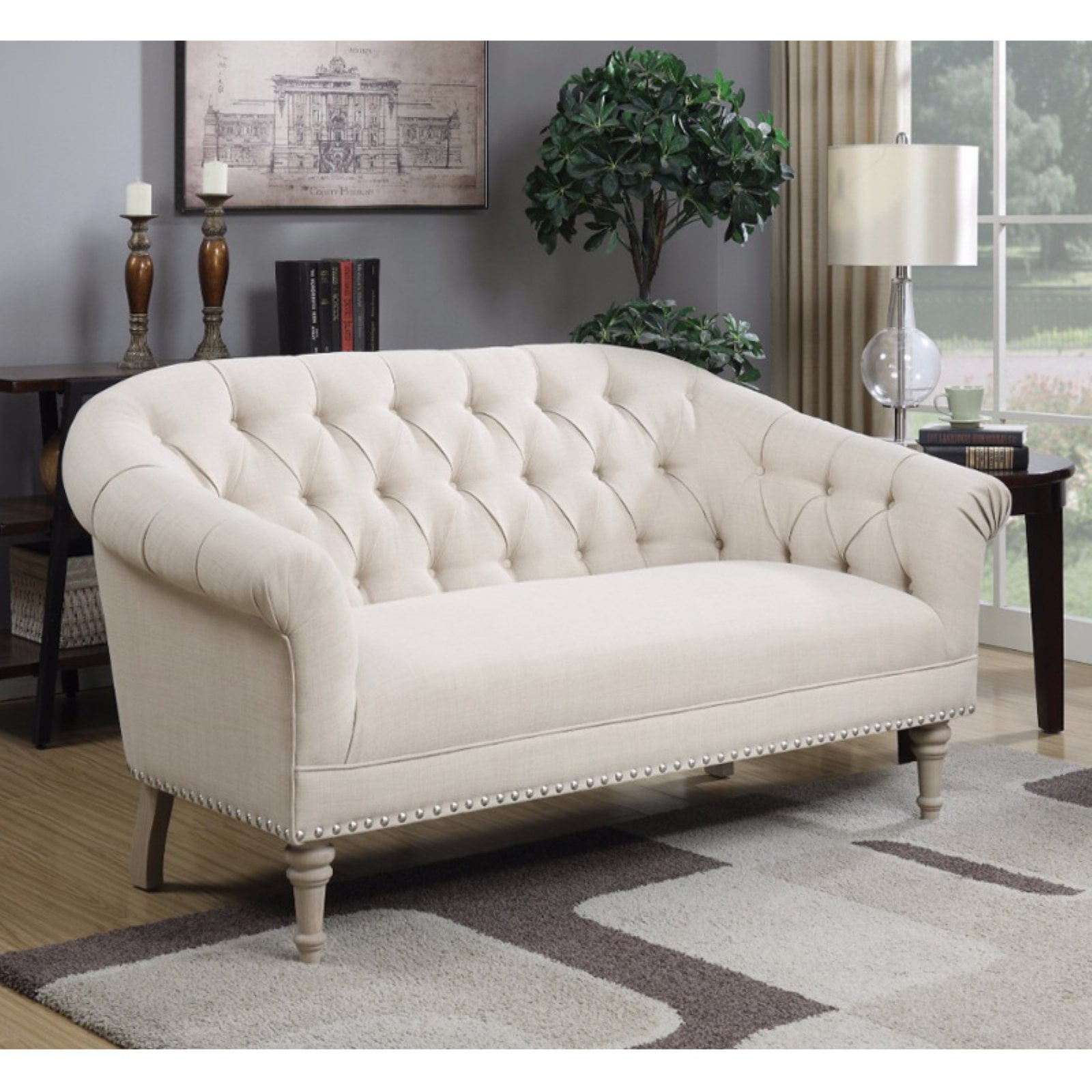 BenJara Traditional Settee With Tufting And Pleated Roll Arms, White ...