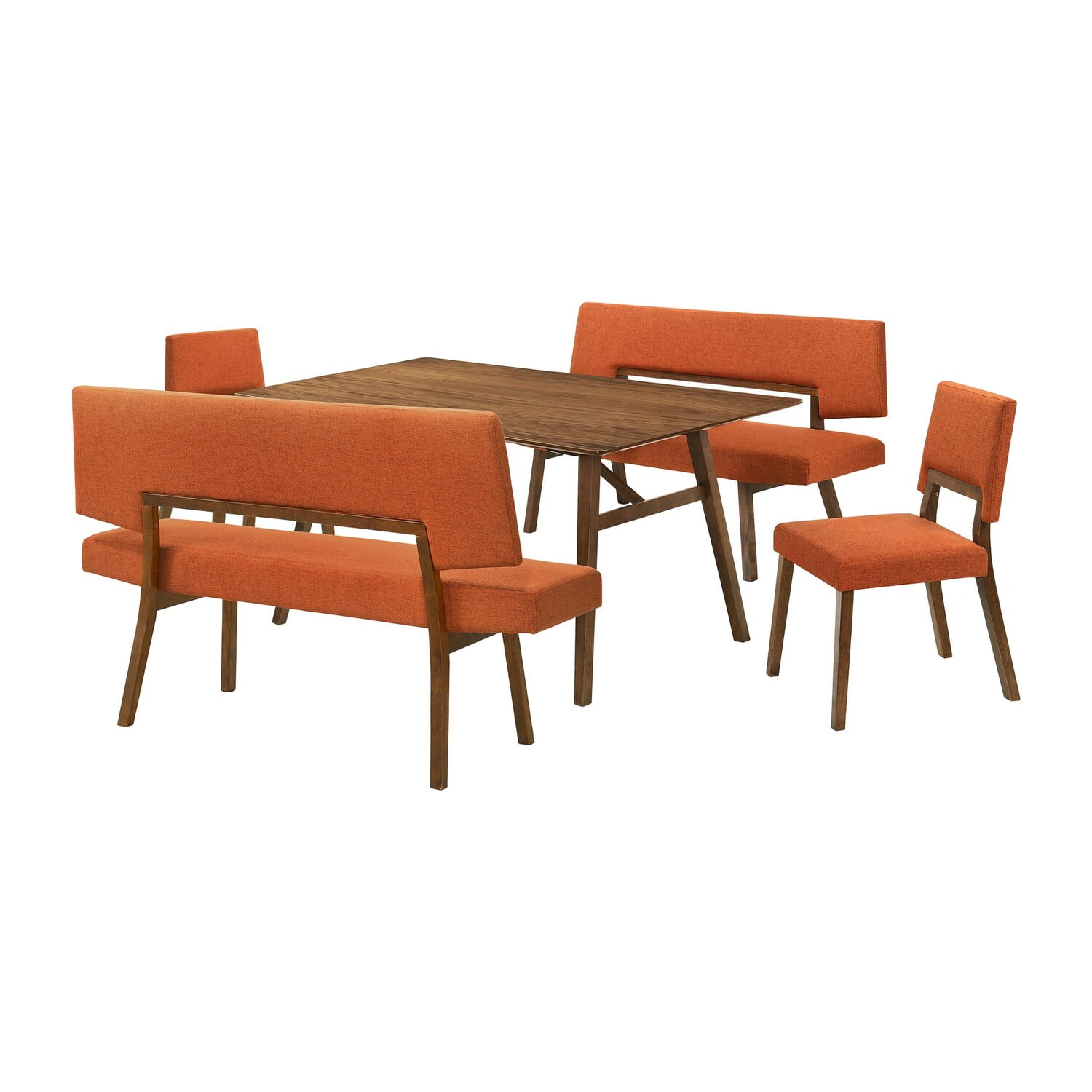 Benjara Yumi 5 Piece Dining Table Set, Chairs, Benches, Orange Fabric ...