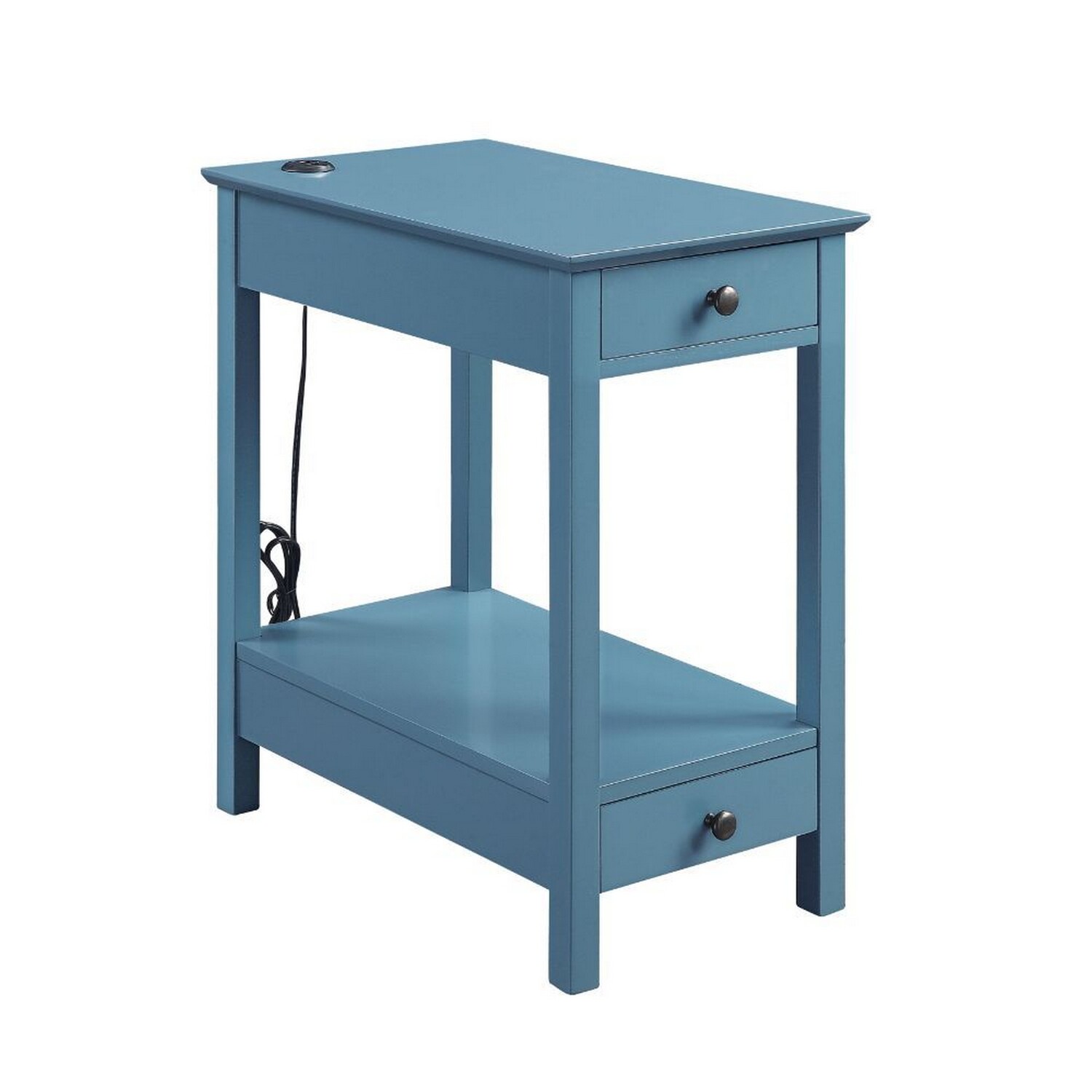 Zina 24 Inch Accent Side Table, 2 Drawers, Teal Blue Pine Wood, USB ...