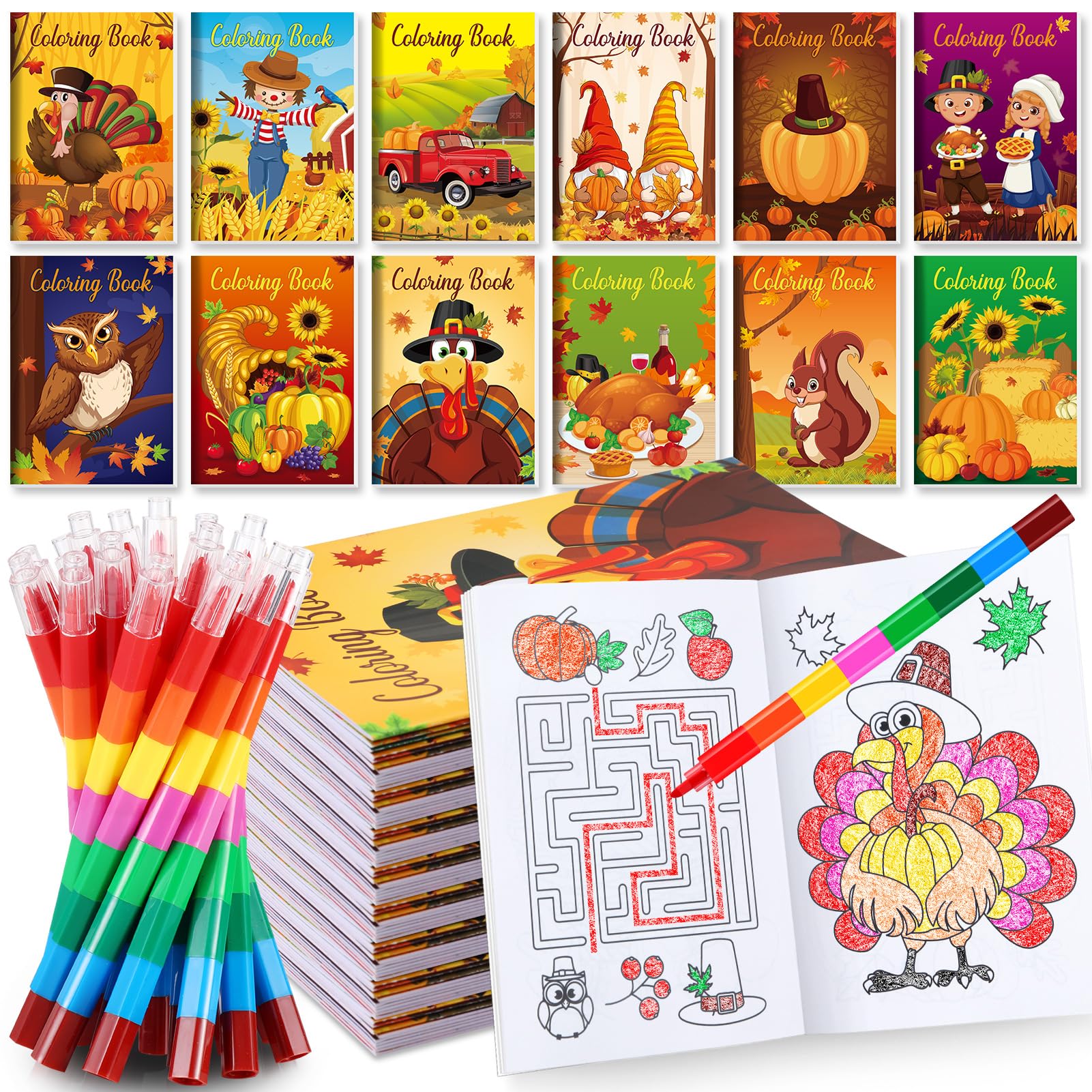 BenLouis 12 Fall Mini Coloring Books Kids with 12 Stacking Crayons ...