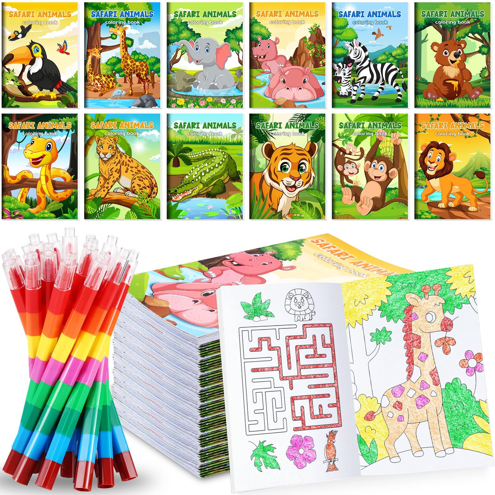 BenLouis 12 Jungle Safari Mini Coloring Books Kids with 12 Stacking ...