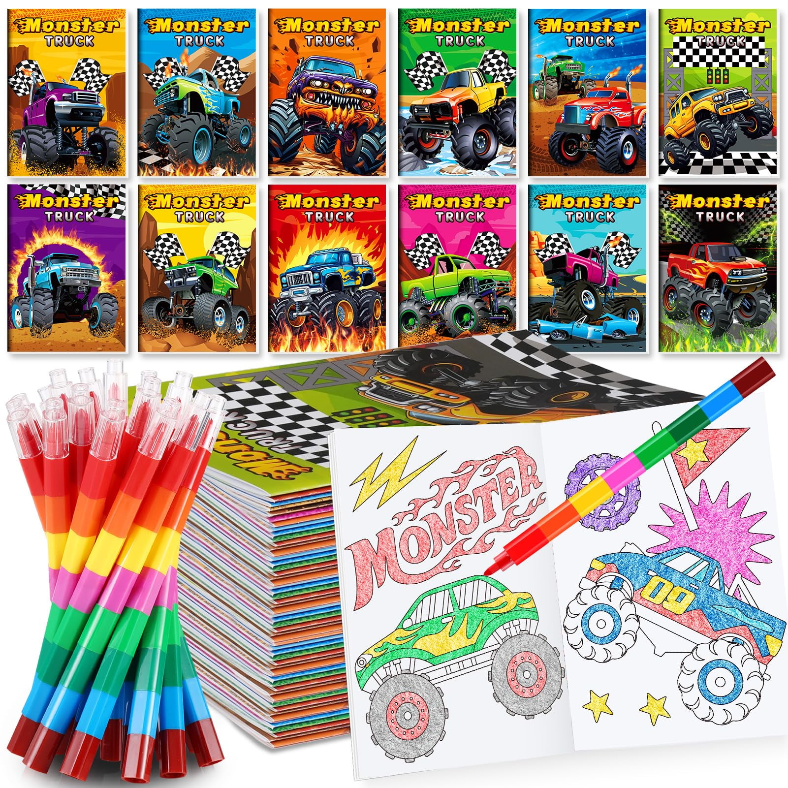 BenLouis 12 Monster Truck Mini Coloring Books Kids with 12 Stacking ...