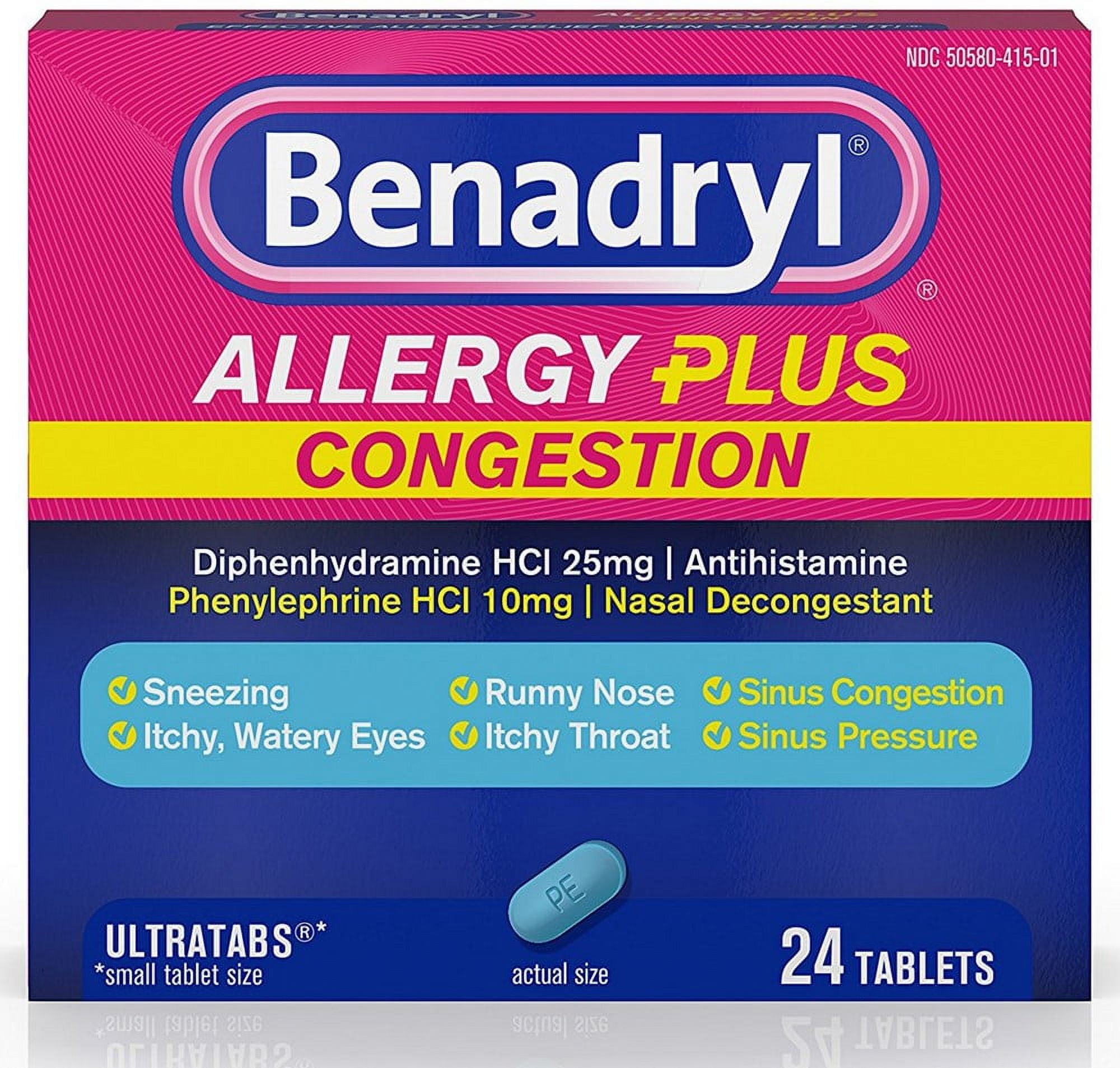 Benadryl Allergy Plus Congestion Tablets, 24 Count, Pack of 2, Allergy ...