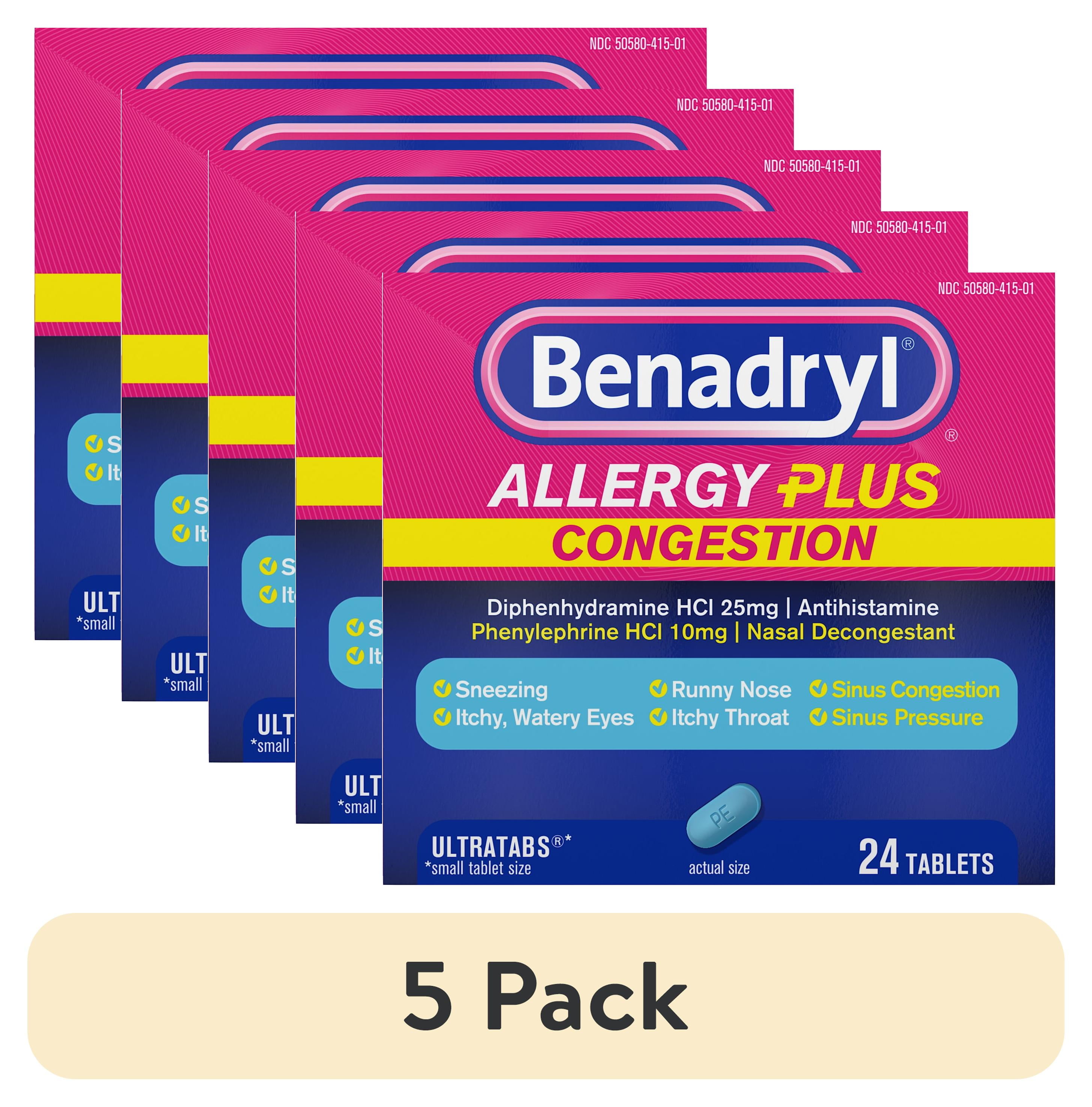 (5 pack) Benadryl Allergy Plus Congestion Ultratabs Allergy Medicine ...