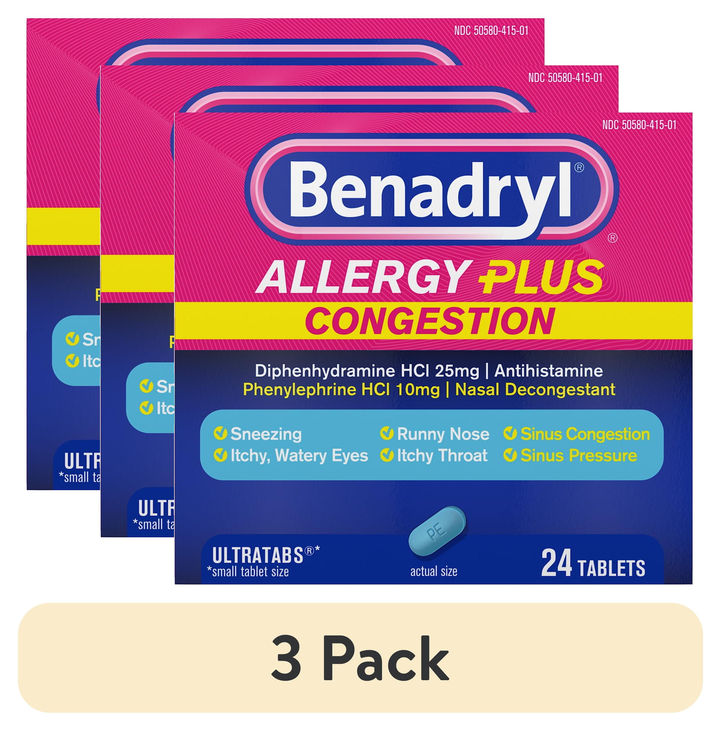 (3 pack) Benadryl Allergy Plus Congestion Ultratabs Allergy Medicine ...