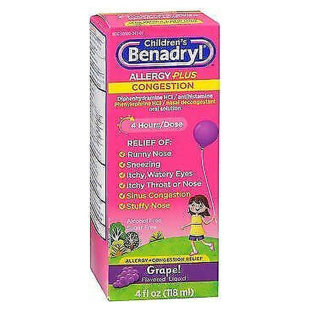 Benadryl Kids Antihistamine & Decongestant Medicine, Grape Flavored ...