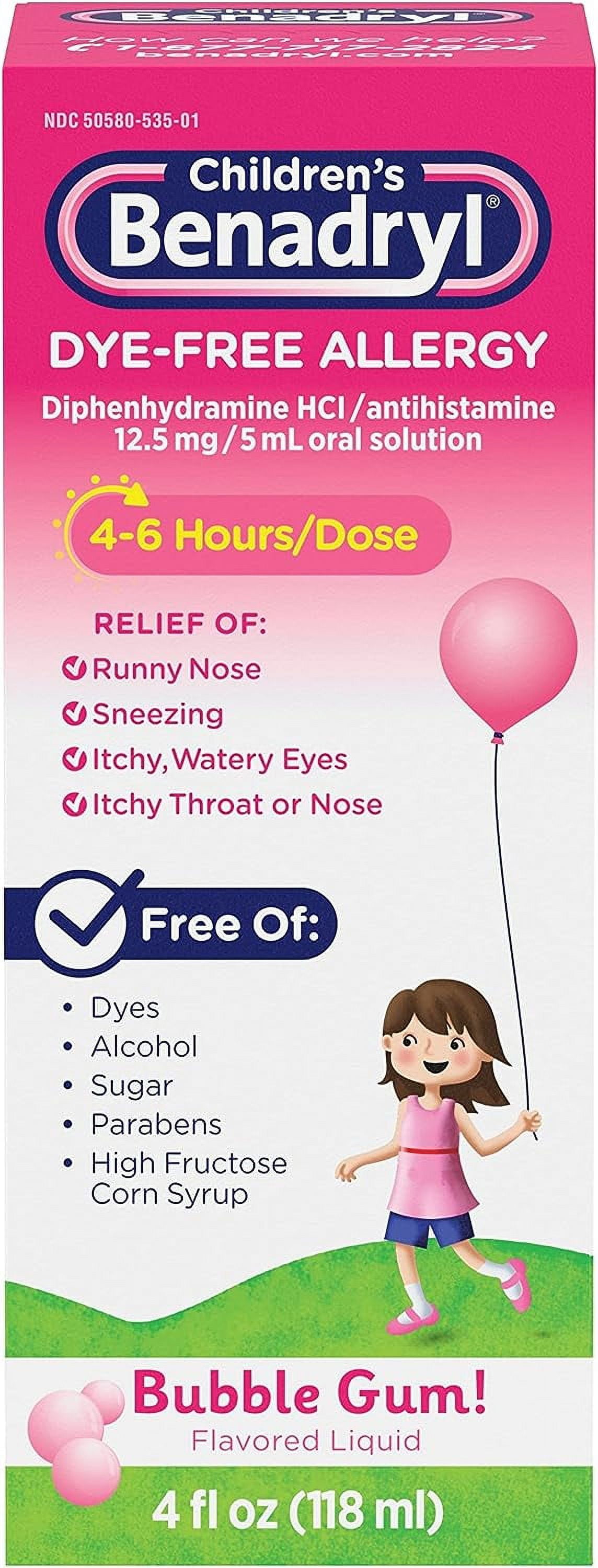 Benadryl Kids Bubble Gum Medicine, Dye-Free Allergy Relief Liquid, 4 Oz ...