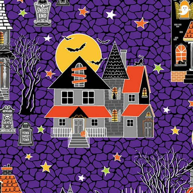 Benartex Glowoween Haunted Houses On Purple Glow in the Dark Halloween ...