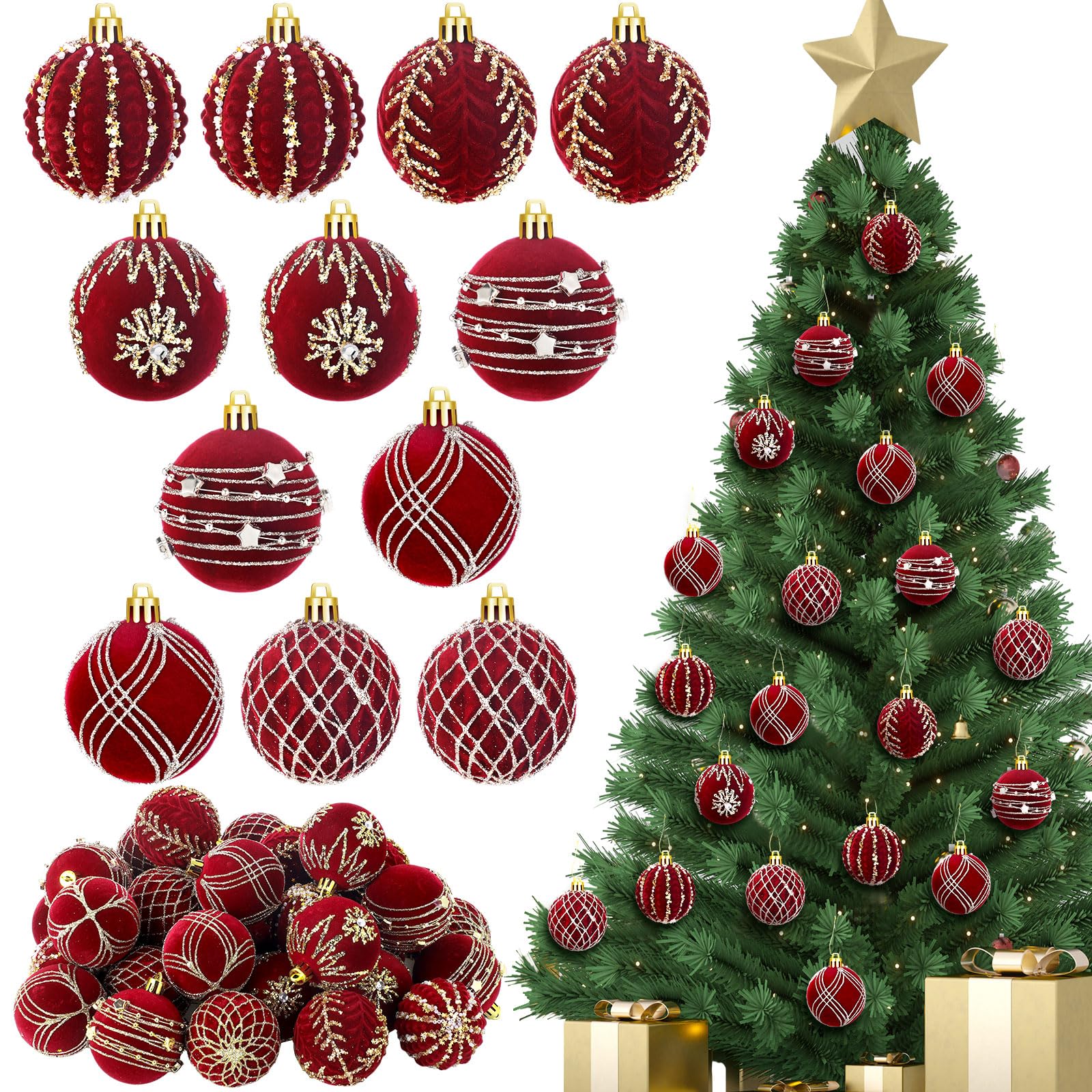 Bencailor 36 Pcs Velvet Balls Bulk Flocked Tree Ornaments 2.36 Inch ...