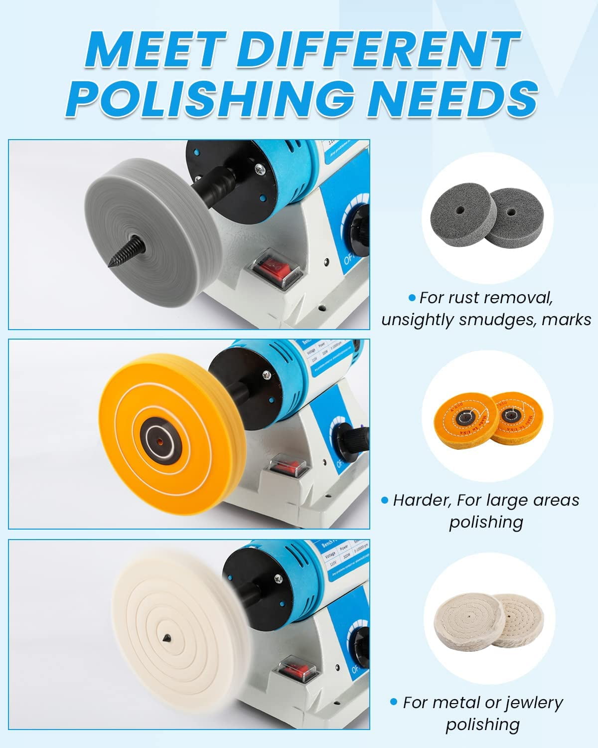 Bench Buffer Jewelry Polisher, with 3 Types Polishing Wheels, Variable ...