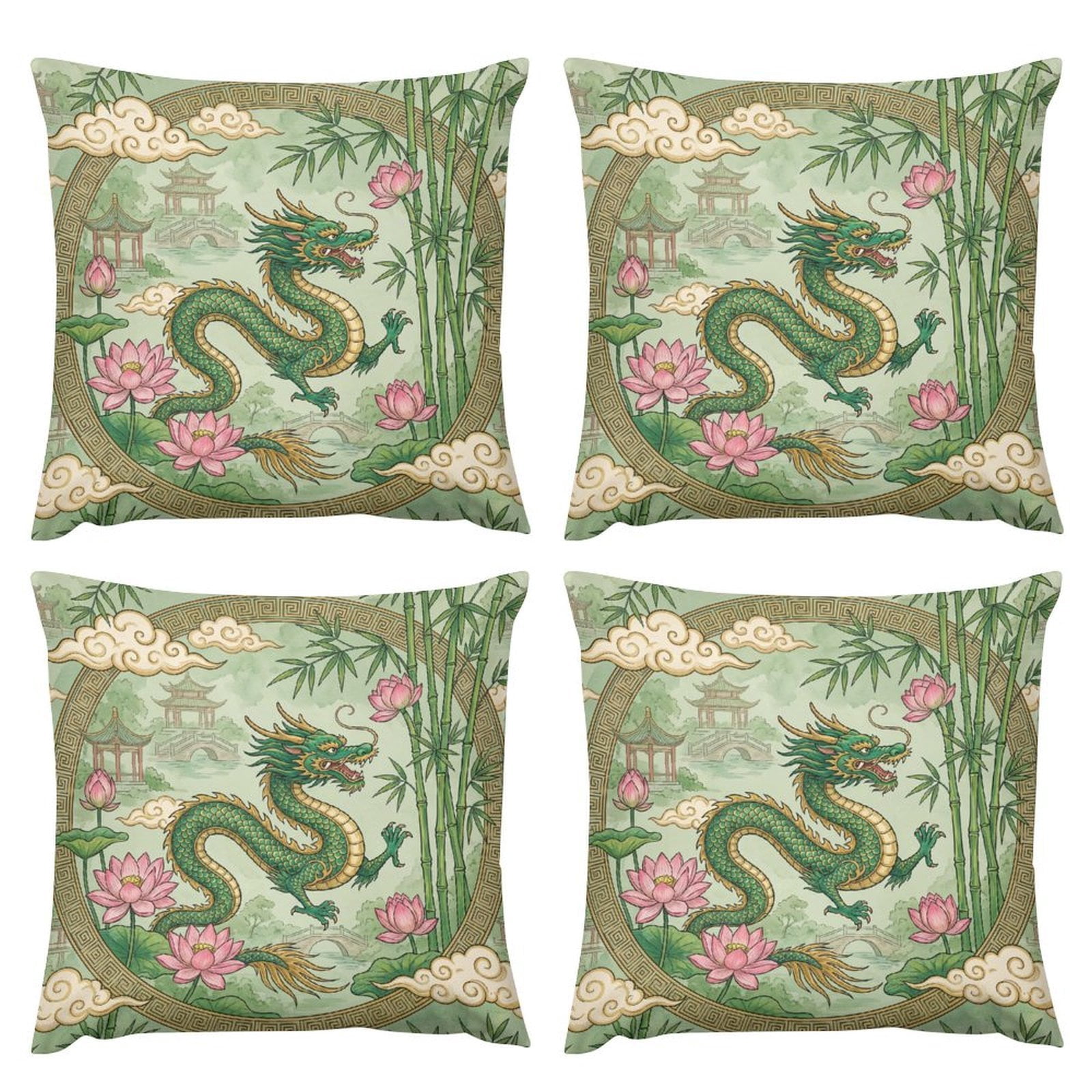 Bench Decor Throw Pillow Covers 4 Piece Set - Chinoiserie Dragon Lotus ...