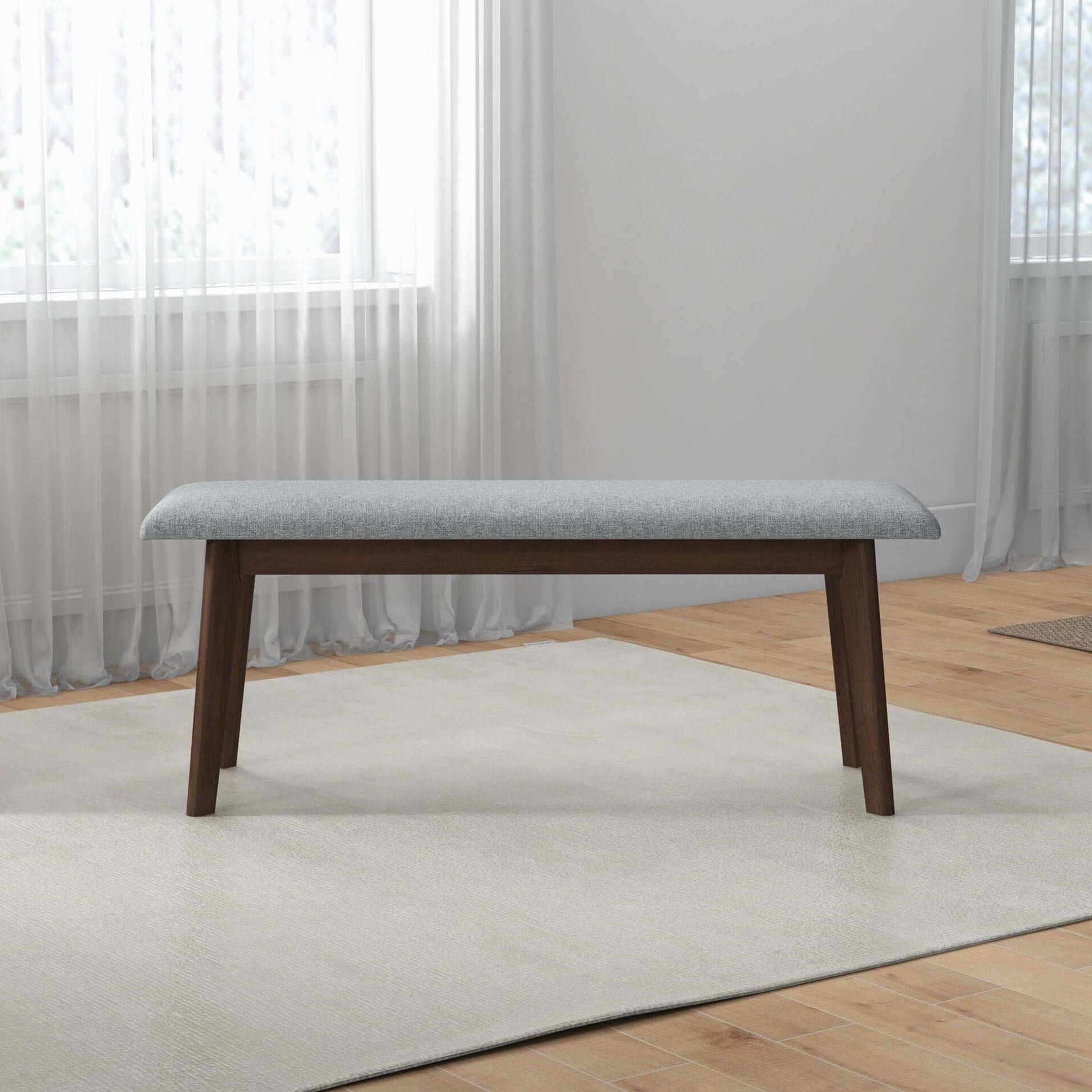 Bench With Grey Fabric Upholstery And Solid Wood Frame - Mid-century ...