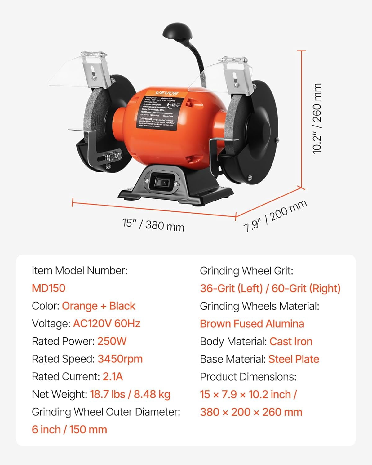 Bench Grinder, 6-inch Single Speed Bench Grinder, 3450RPM High-Speed ...
