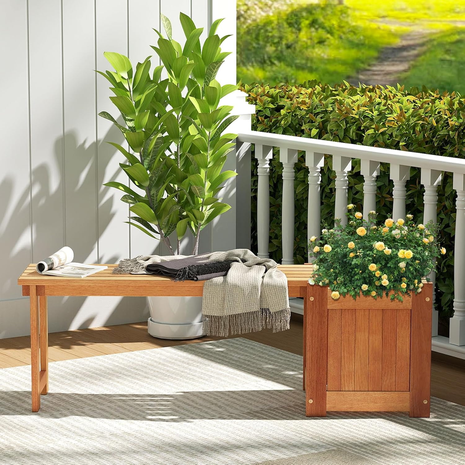 Bench with Planter Box, 2 in 1 Wooden Flower Box Kit with Seat, Open ...