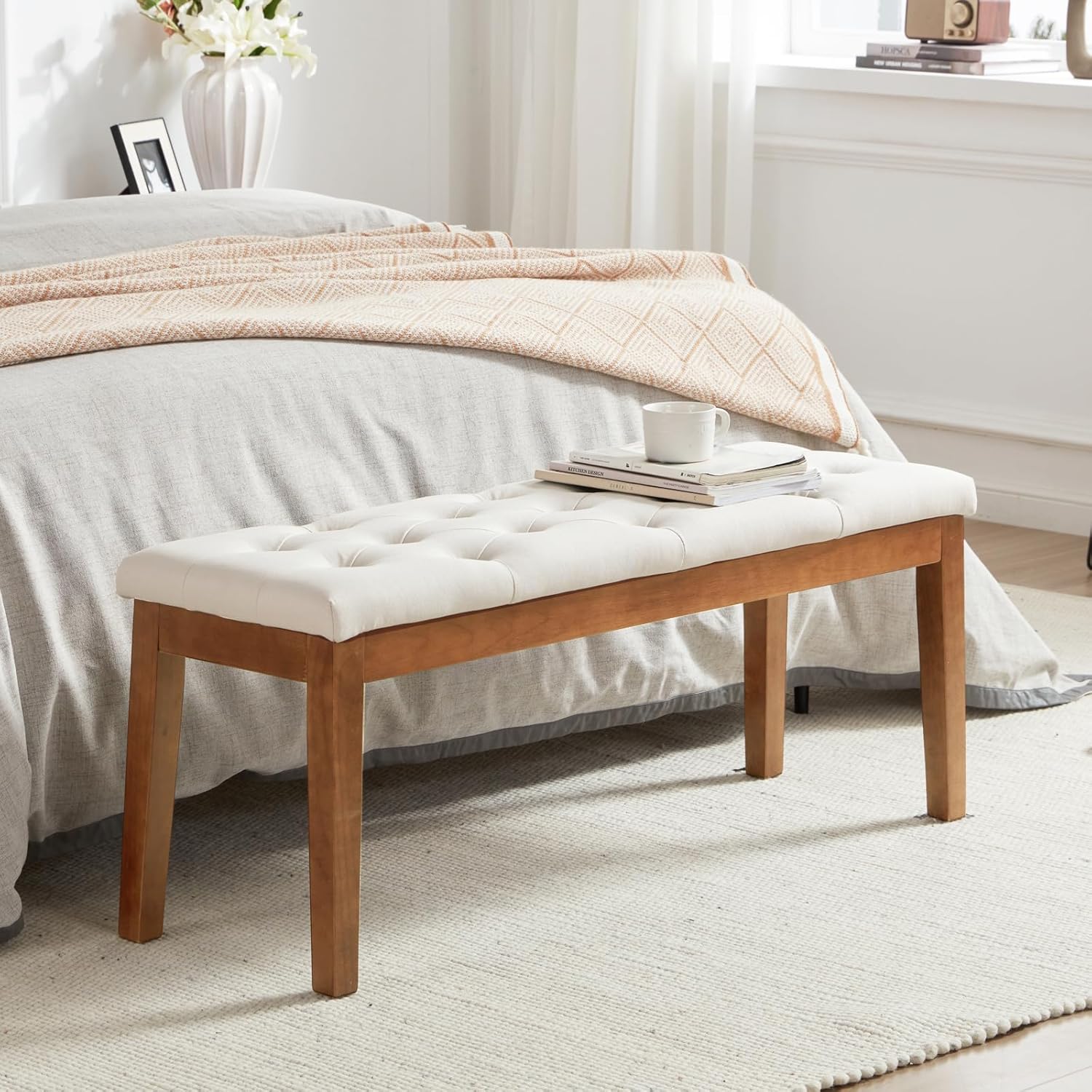 Bench Upholstered Padded Seat with Solid Wood Legs and Button-Tufted ...