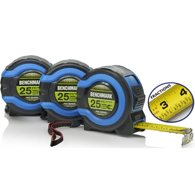Benchmark - 3 Pack - 25 ft Tape Measures - Easy to Read Fractions to 1 ...