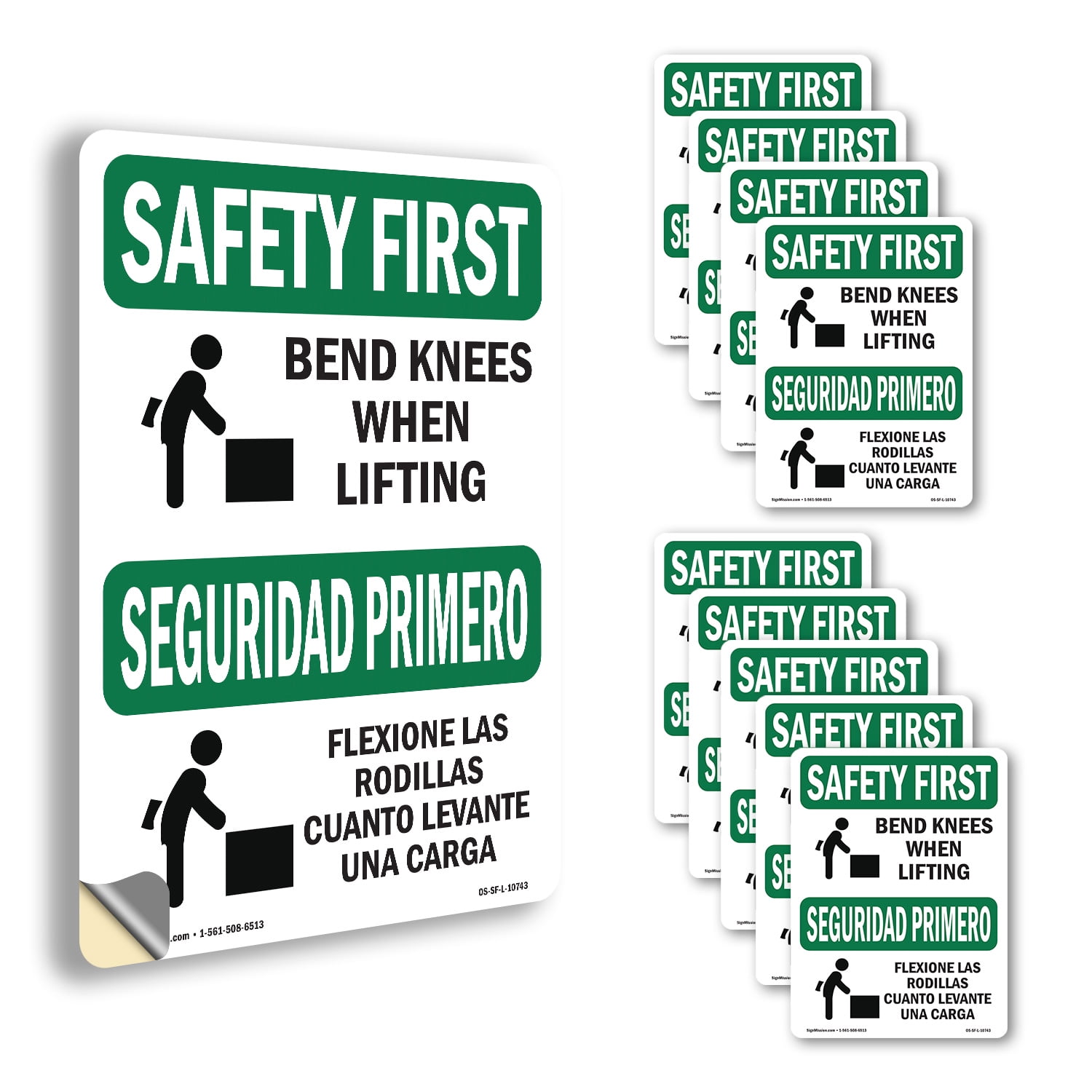 Bend Knees When Lifting Bilingual OSHA SAFETY FIRST Vinyl Decal Label 7 ...